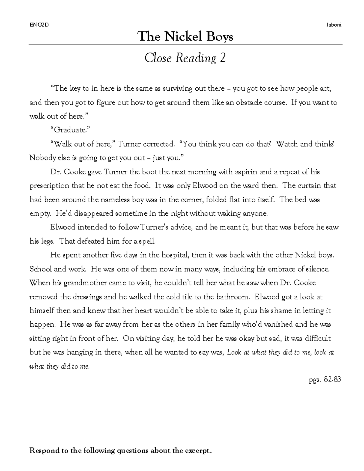 3.7b Close Reading 2 - Women - ENG2D Iaboni The Nickel Boys Close ...