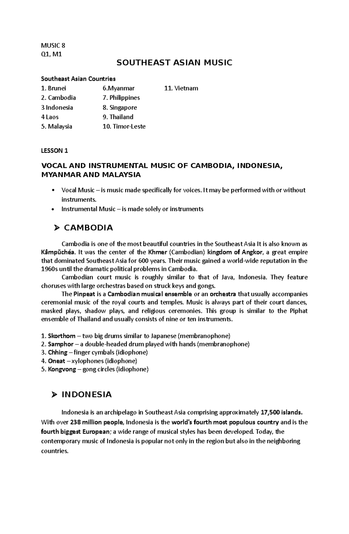 Southeast Asian Music Handouts - MUSIC 8 Q1, M SOUTHEAST ASIAN MUSIC ...