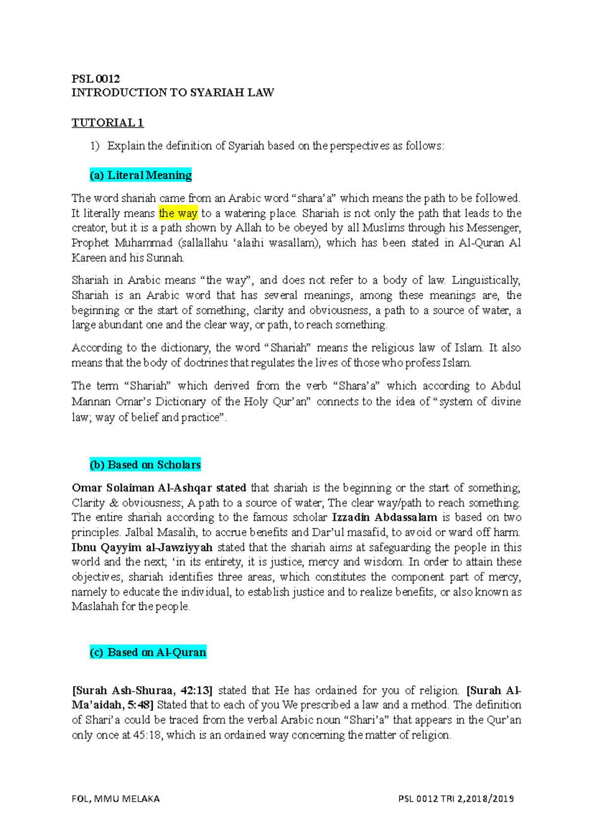 Tutorial 1 - PSL 0012 INTRODUCTION TO SYARIAH LAW TUTORIAL 1 Explain ...
