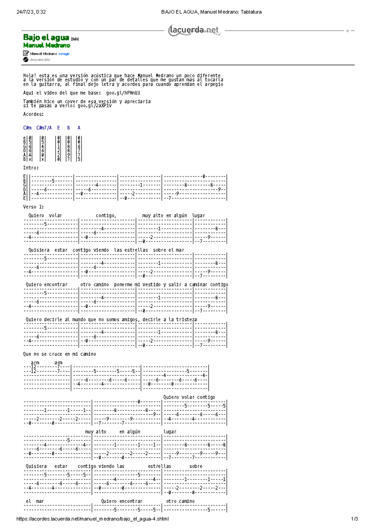 BAJO EL AGUA, Manuel Medrano Tablatura - 24/7/23, 0:32 BAJO EL AGUA ...
