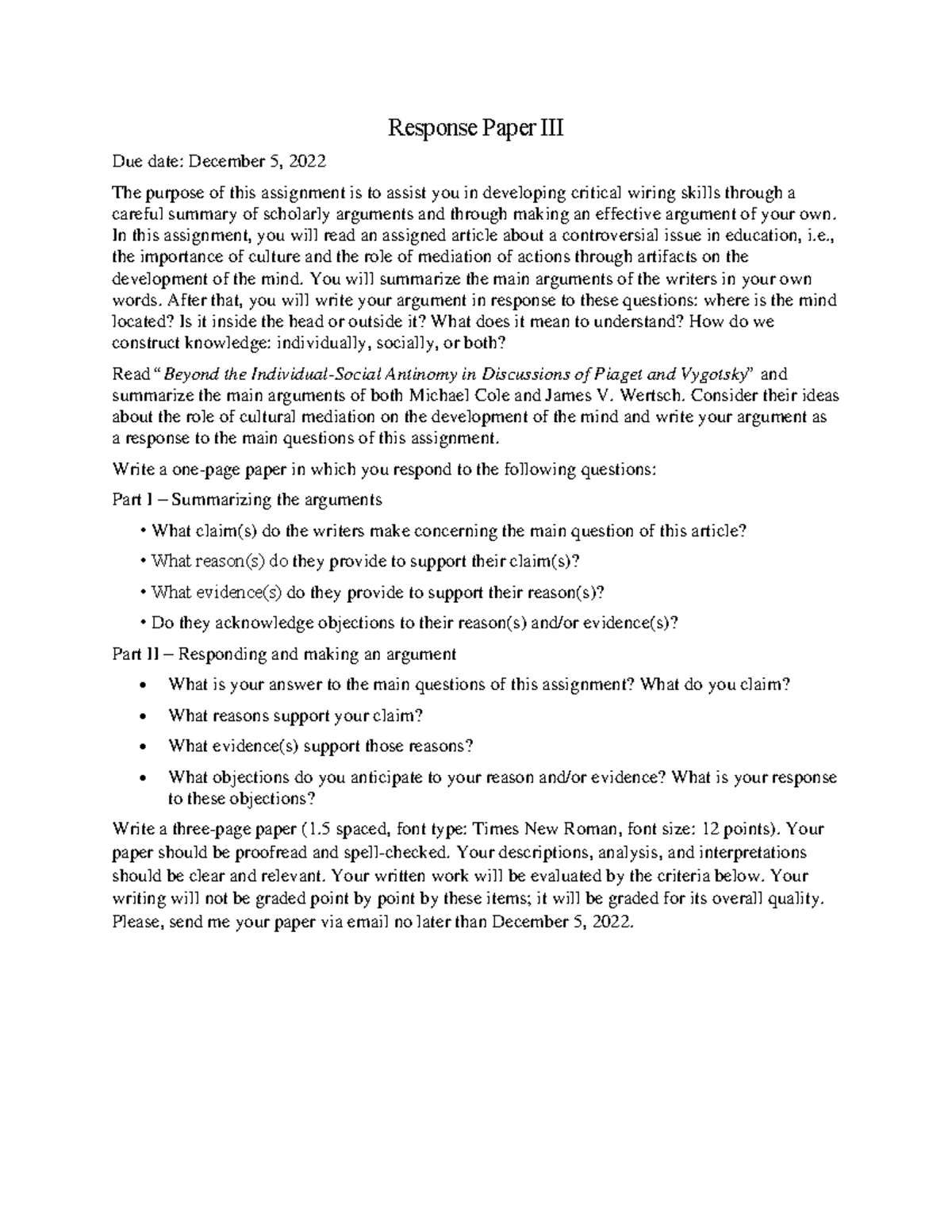 Response Paper II - practice and training - Response Paper III Due date ...