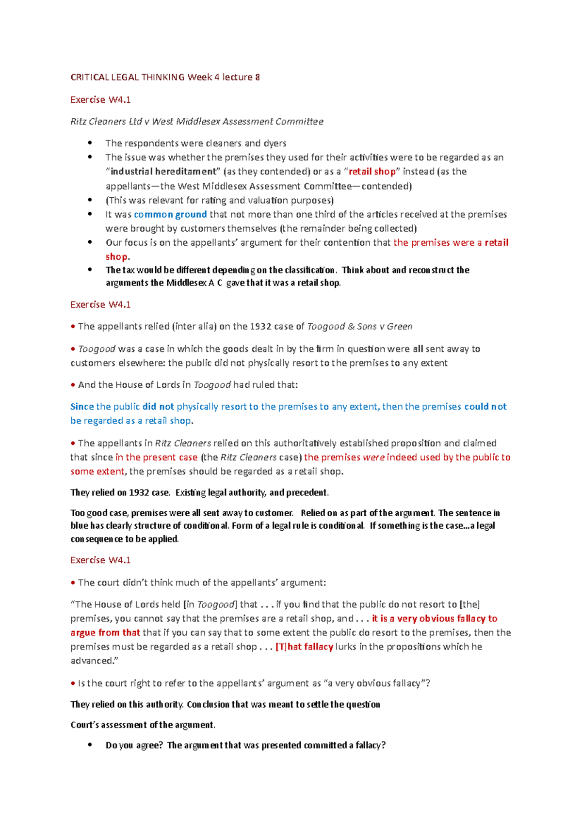 Critical Legal Thinking Week 4 Lecture 2 - CRITICAL LEGAL THINKING Week 4 lecture 8 Exercise W4 ...