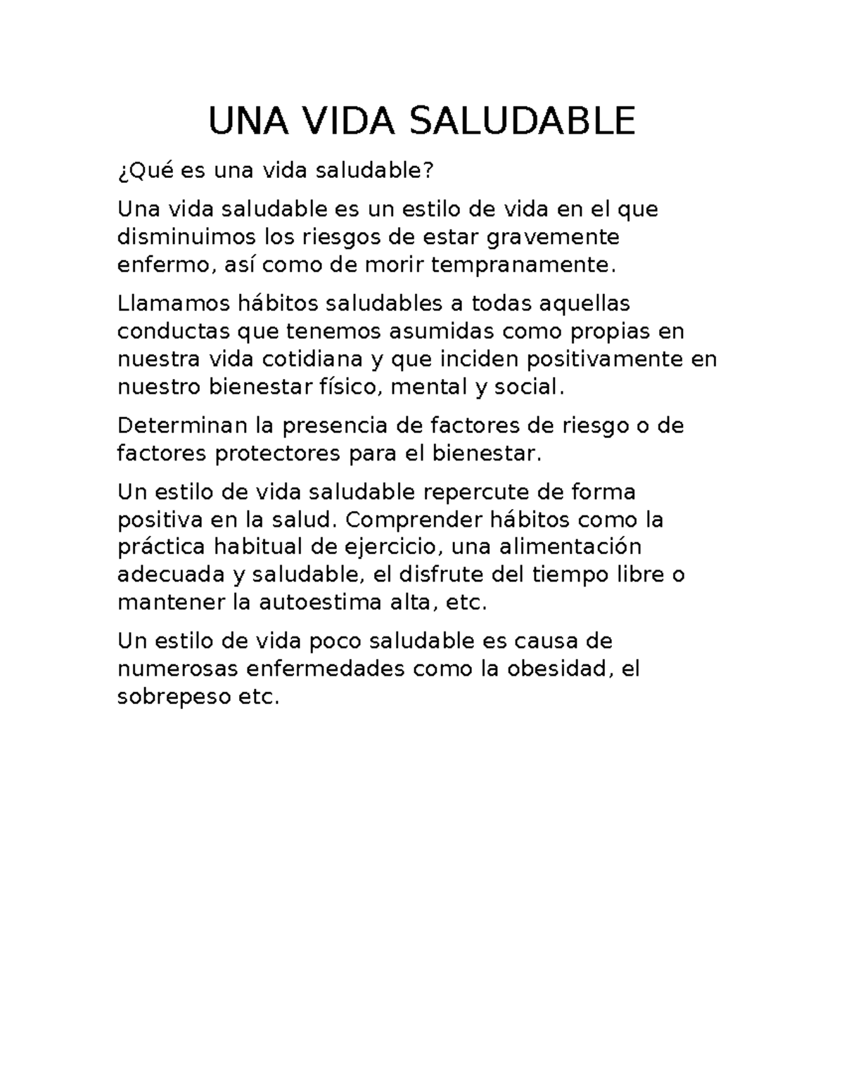 UNA VIDA Saludable español - UNA VIDA SALUDABLE ¿Qué es una vida ...