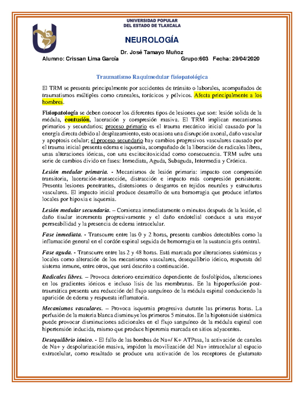 Traumatismo Raquimedular - Warning: TT: undefined function: 32 NEUROLOGÍA Dr. José Tamayo Muñoz ...