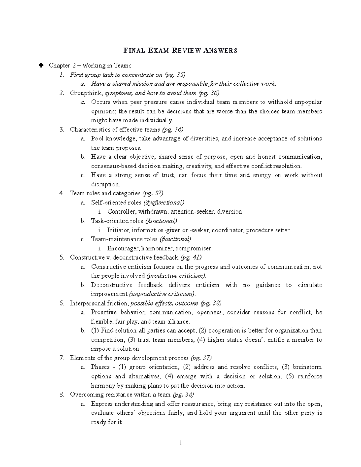 Final Exam Review Answers - F INAL E XAM R EVIEW A NSWERS Chapter 2 ...