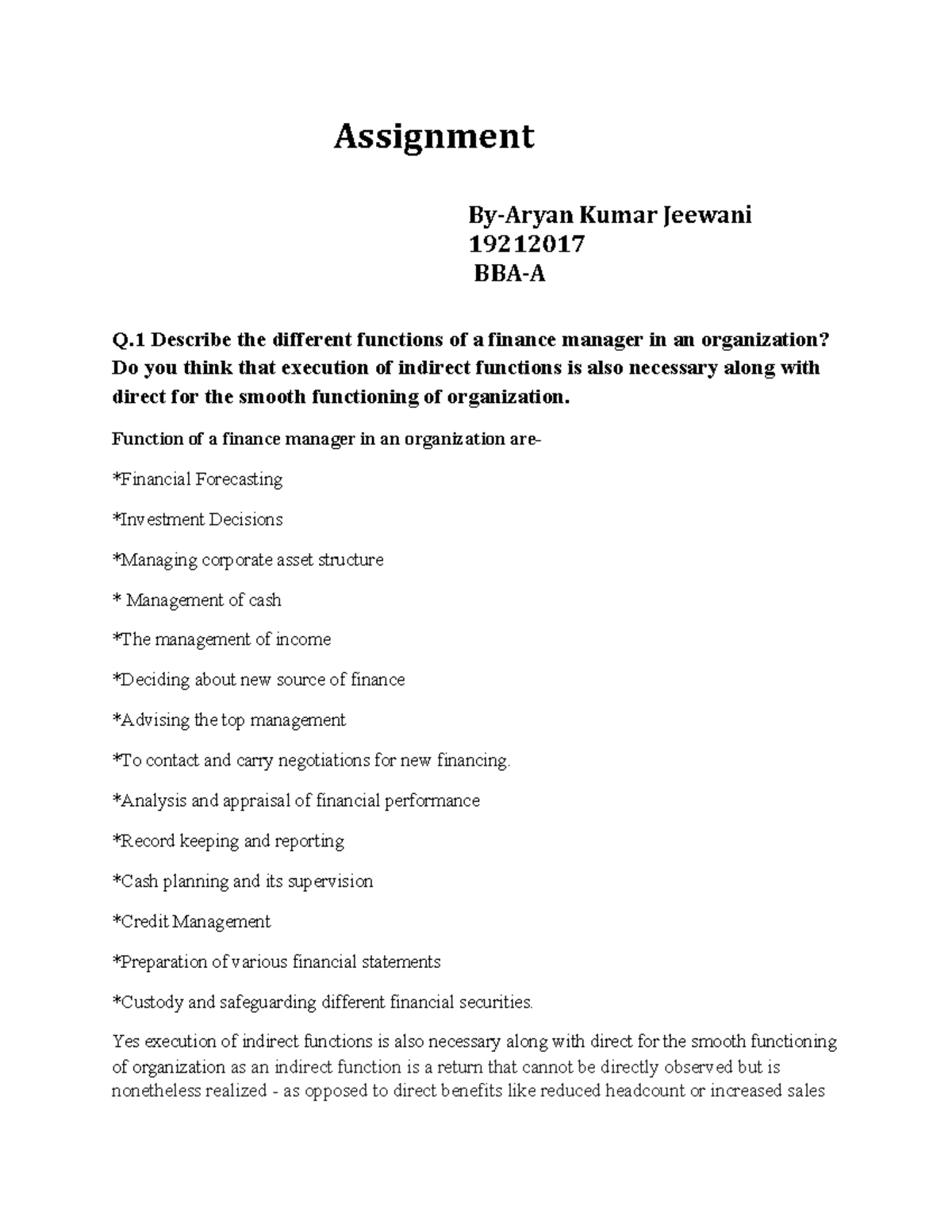 FM CIA AND ASYNCHRONOUS ASSIGNMENTS - Assignment By-Aryan Kumar Jeewani 19212017 BBA-A Q ...