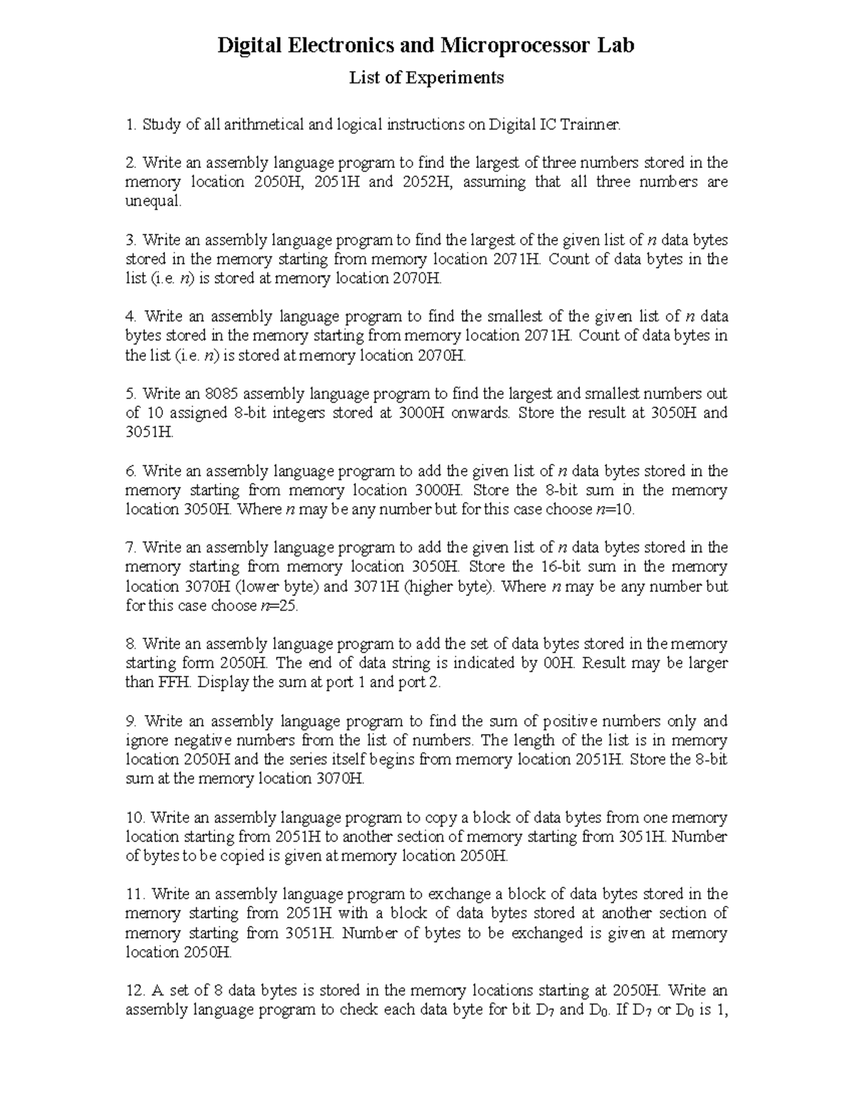 Micro LAB - Digital Electronics and Microprocessor Lab List of Experiments Study of all ...