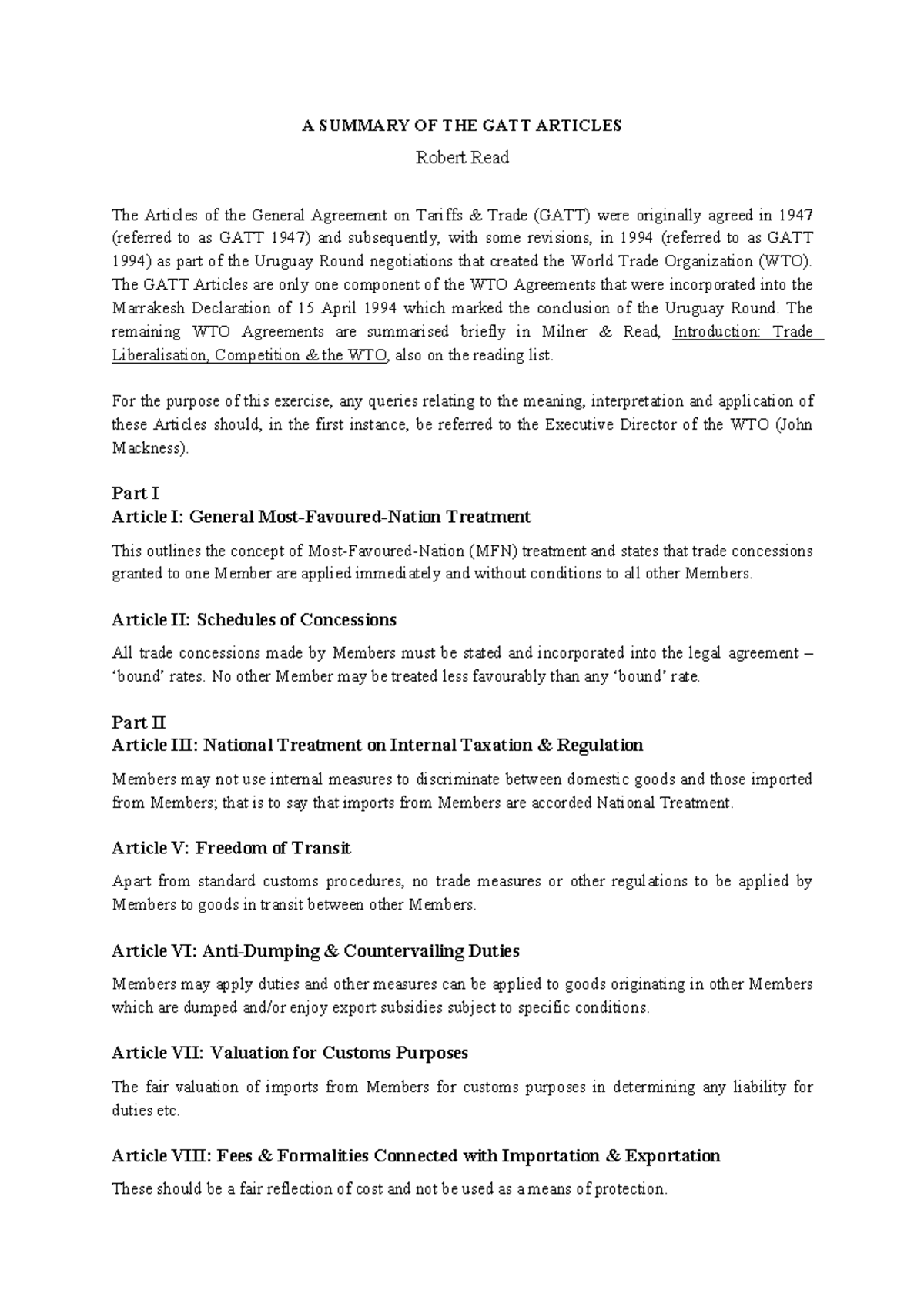A summary of GATT - A SUMMARY OF THE GATT ARTICLES Robert Read The ...