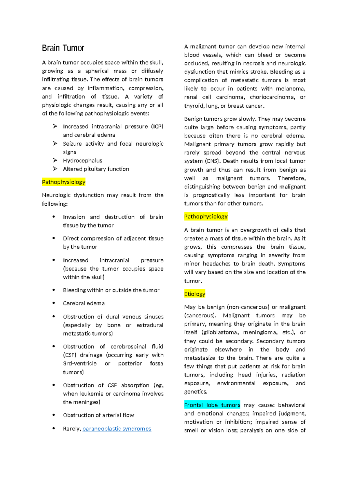 Brain Tumor - lecture notes - Brain Tumor A brain tumor occupies space ...