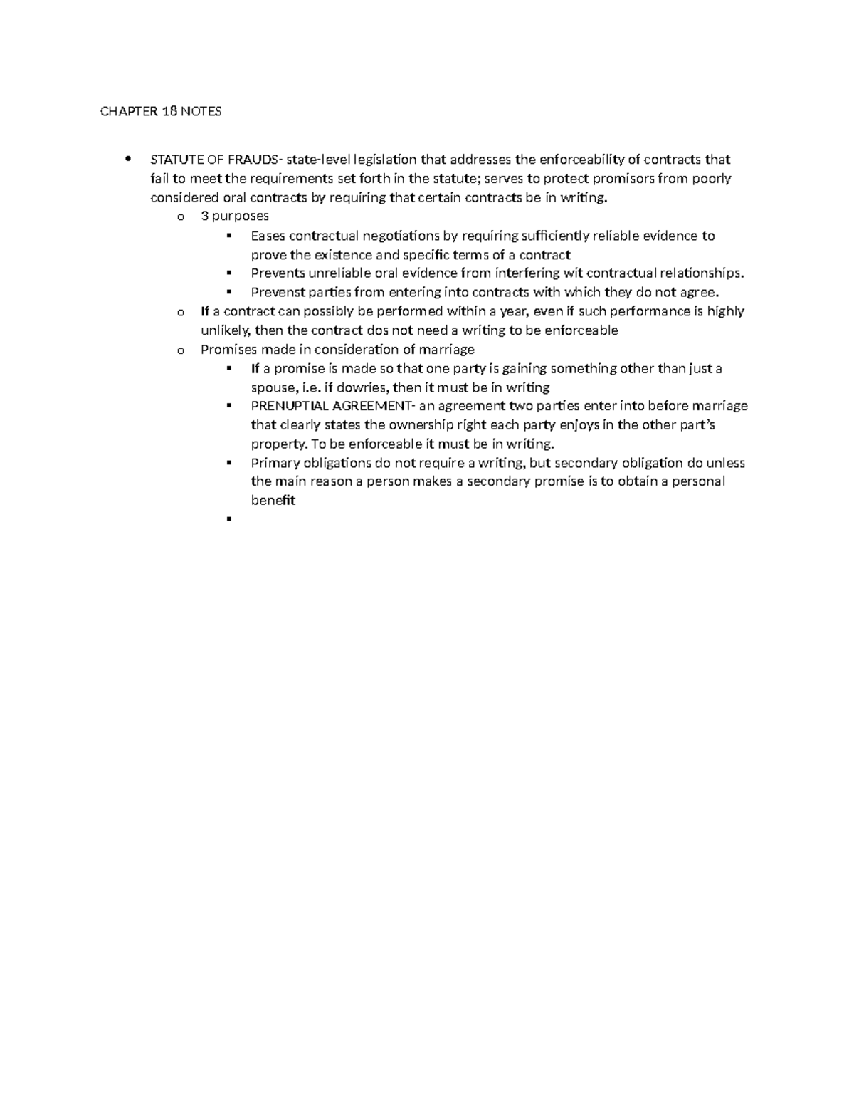 Chapter 18 Notes - CHAPTER 18 NOTES STATUTE OF FRAUDS- state-level ...