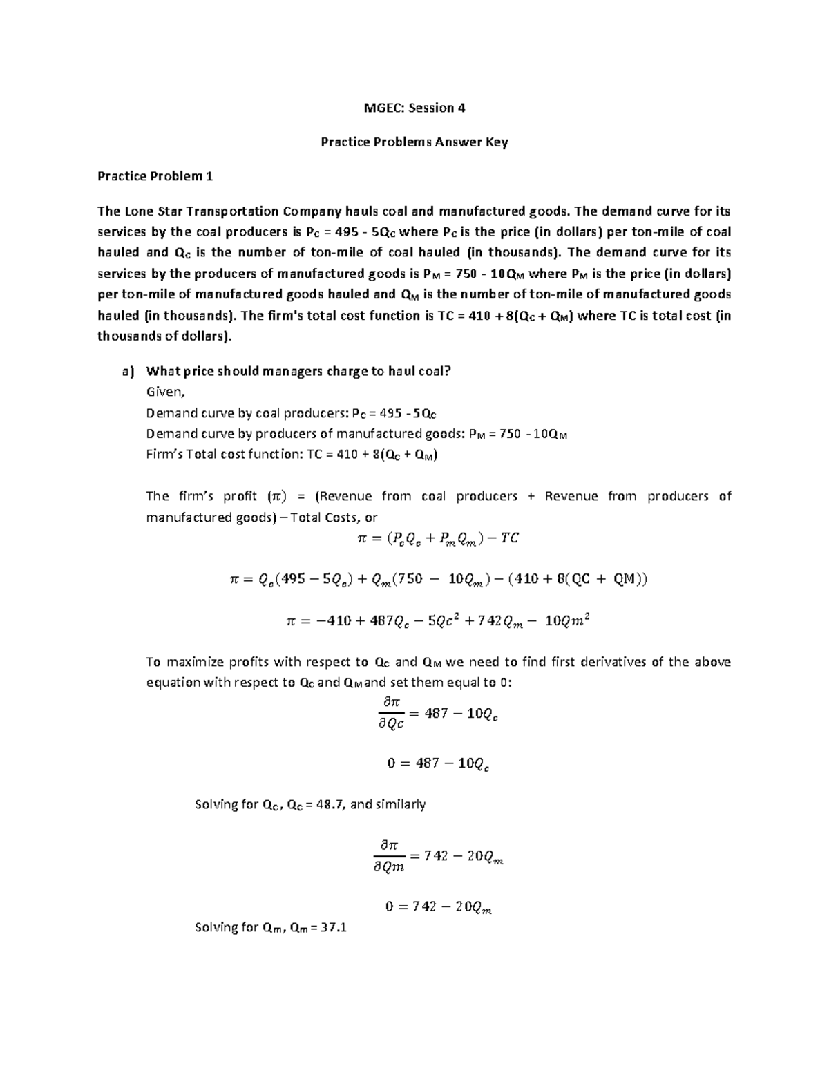 Session 4 Practice Problems Answer Key MGEC Session 4 Practice