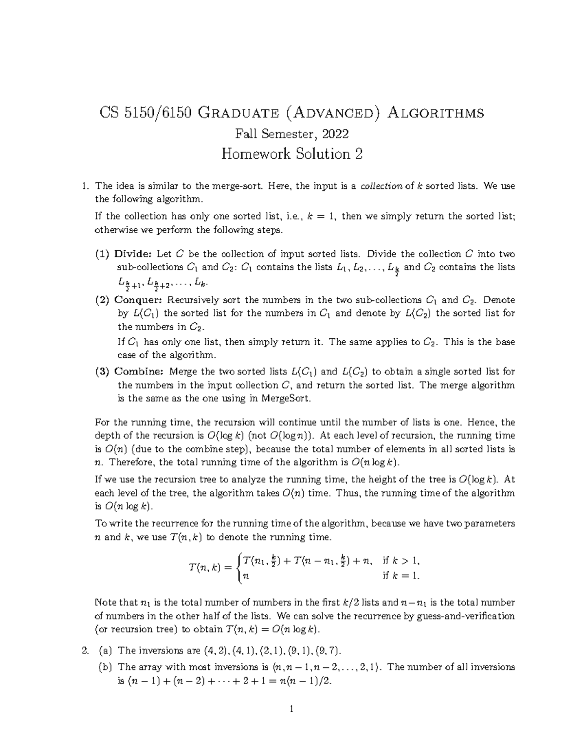 Solution 2 - Assignment - CS 5150/6150 Graduate (Advanced) Algorithms Fall Semester, 2022 ...