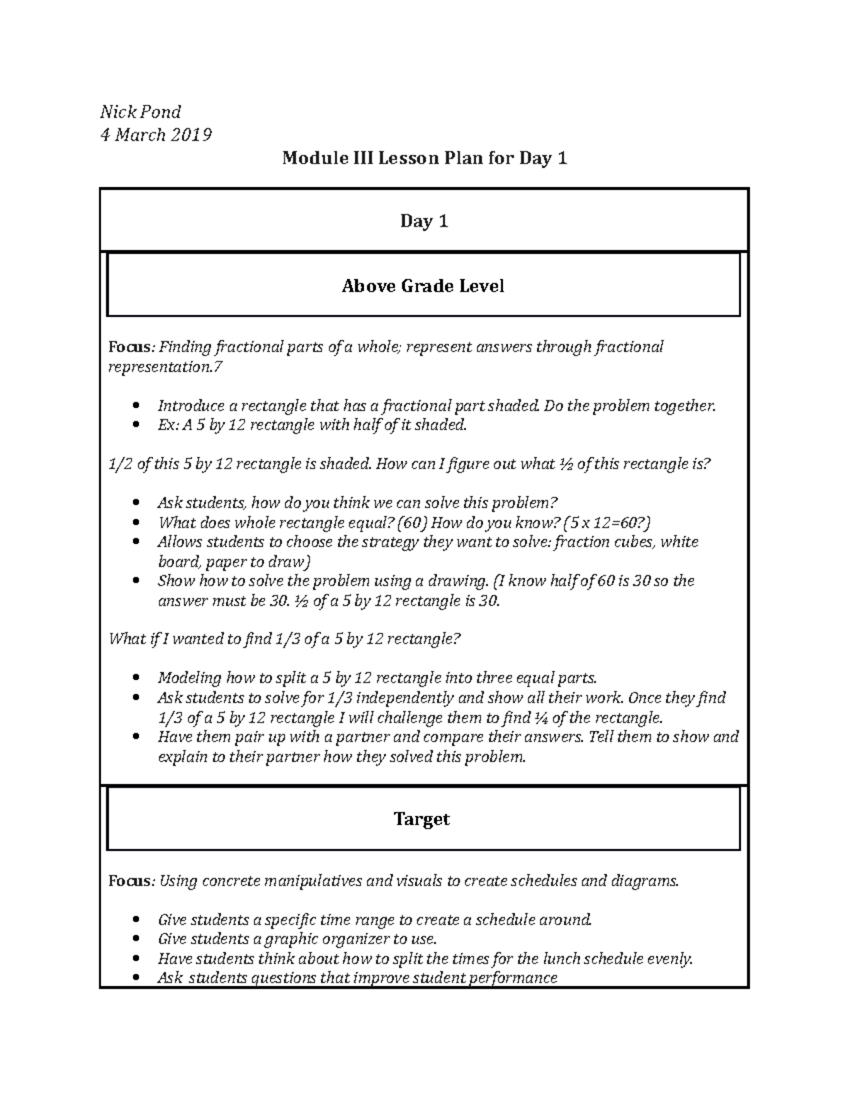 Module III Lesson Plan Day 1 - Nick Pond 4 March 2019 Module III Lesson ...
