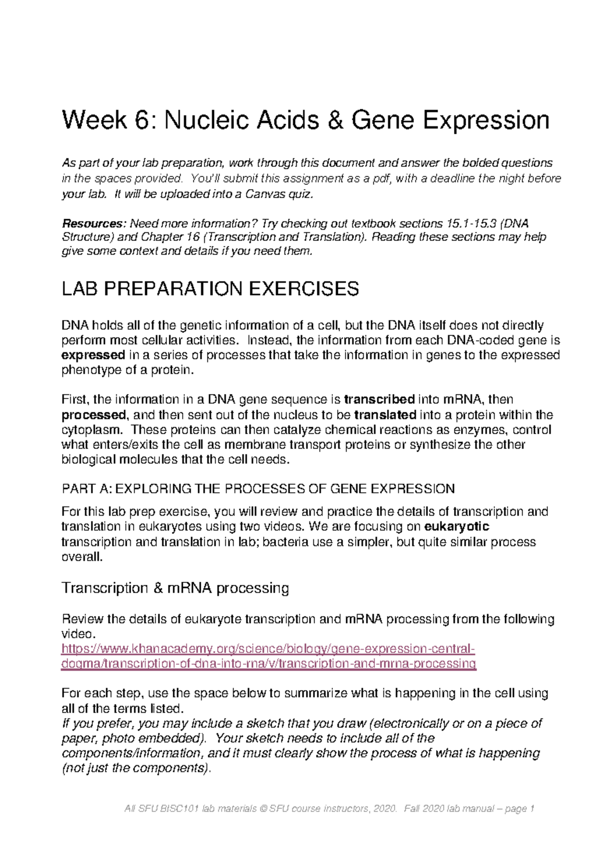 Week 06 Lab Prep - Nucleic Acids and Gene Expression - Week 6: Nucleic ...