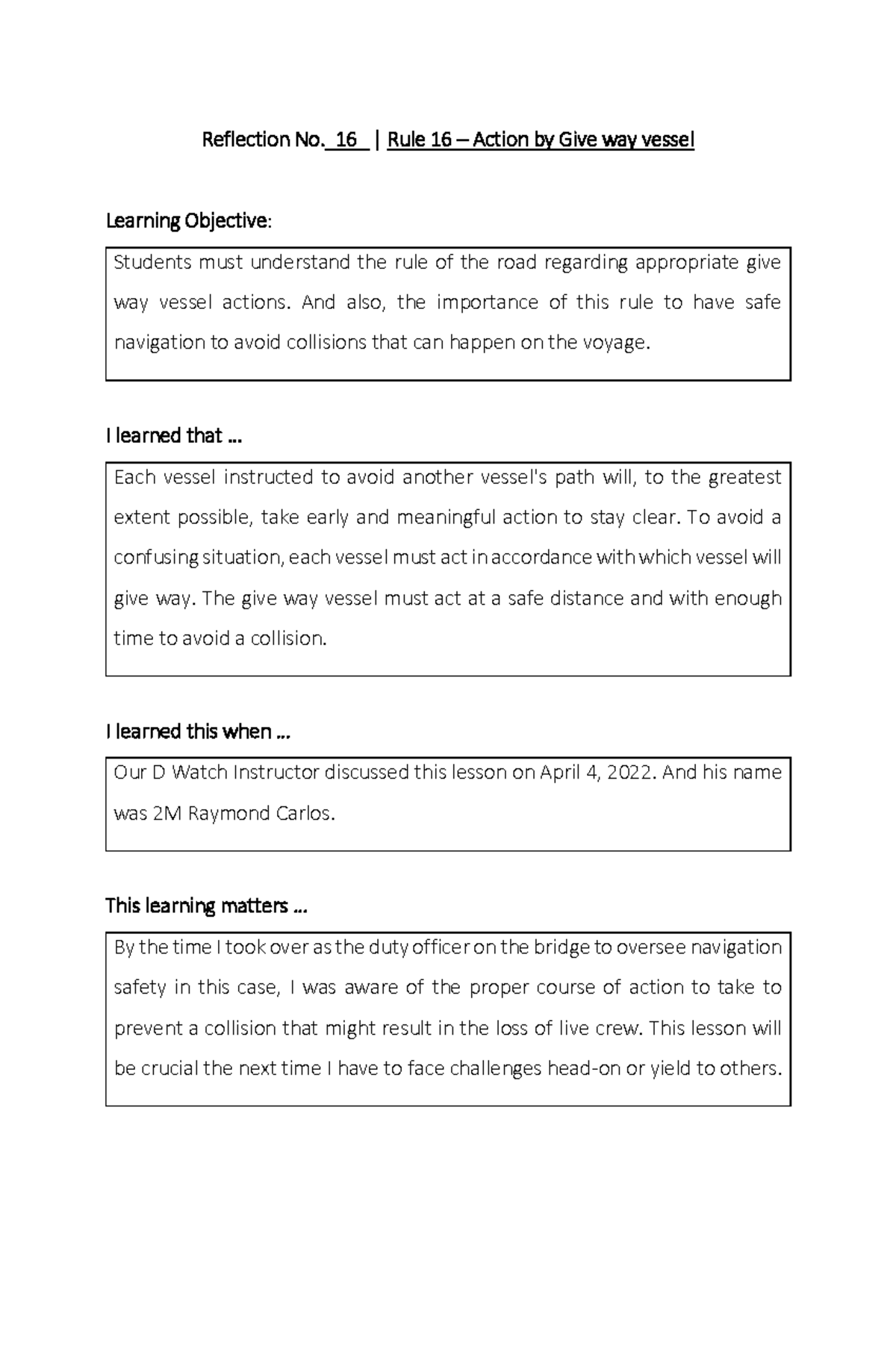 Rule 16 Reflection - Reflection No._ 16 _ | Rule 16 – Action by Give ...