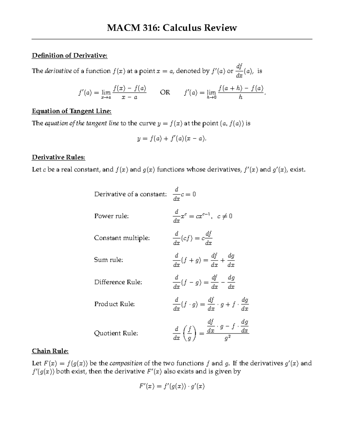 Calculus Review - MACM 316: Calculus Review Definition of Derivative ...