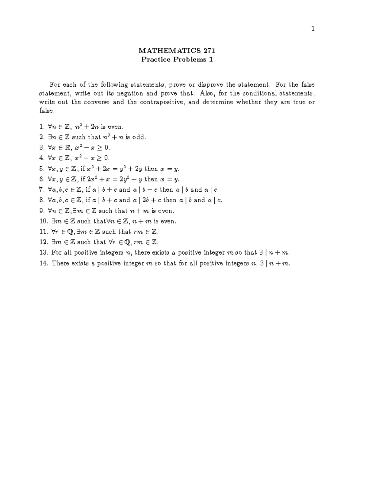 Sample Practice Questions for Exam 1 - 1 MATHEMATICS 271 Practice Problems 1 For each of the ...