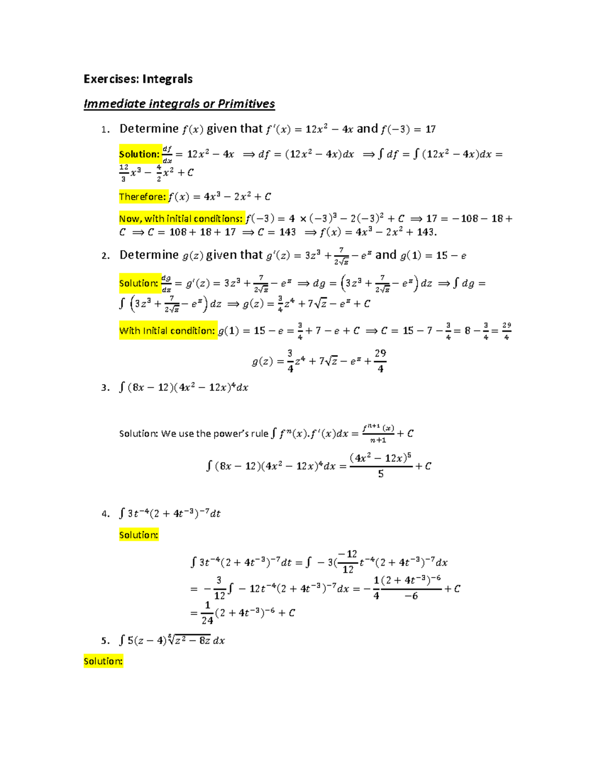 Exercises integrals MKT 2021 ac - Exercises: Integrals Immediate ...