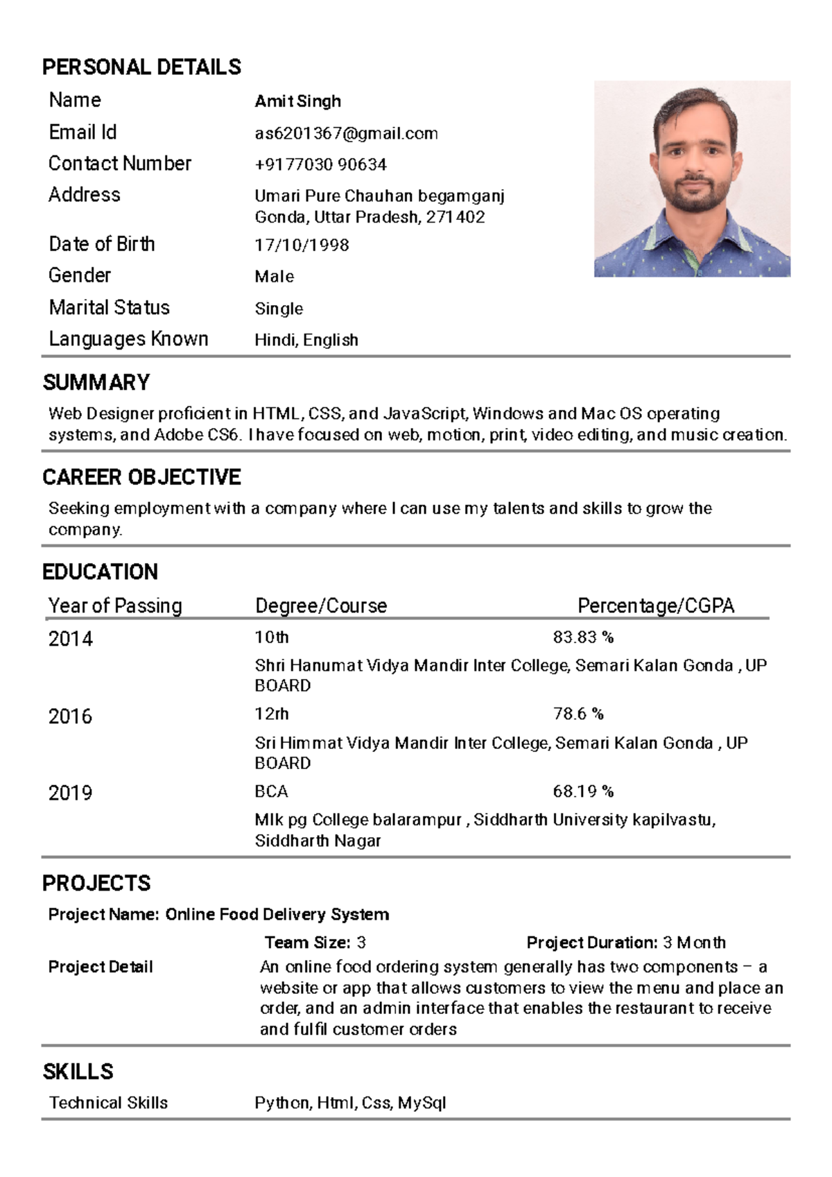 Resume Amit Singh - dsgdhbzddsghn - PERSONAL DETAILS Name Amit Singh ...