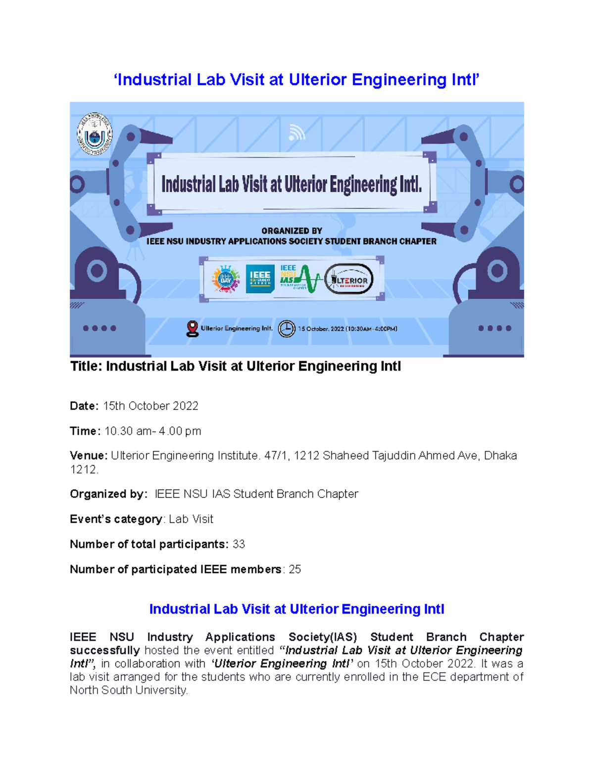 Industrial Lab Visit at Ulterior Engineering Intl - 47/1, 1212 Shaheed ...