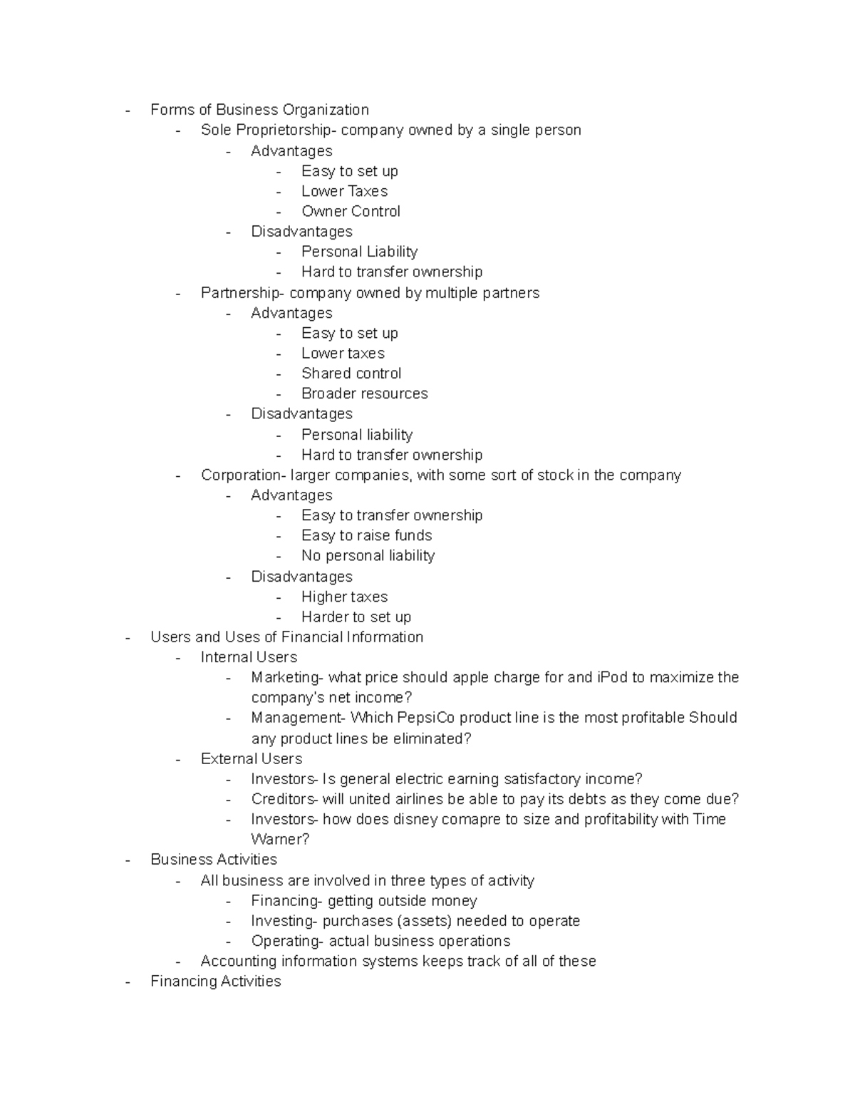 Chapter 1 - Lecture notes 1-4 - Forms of Business Organization Sole ...