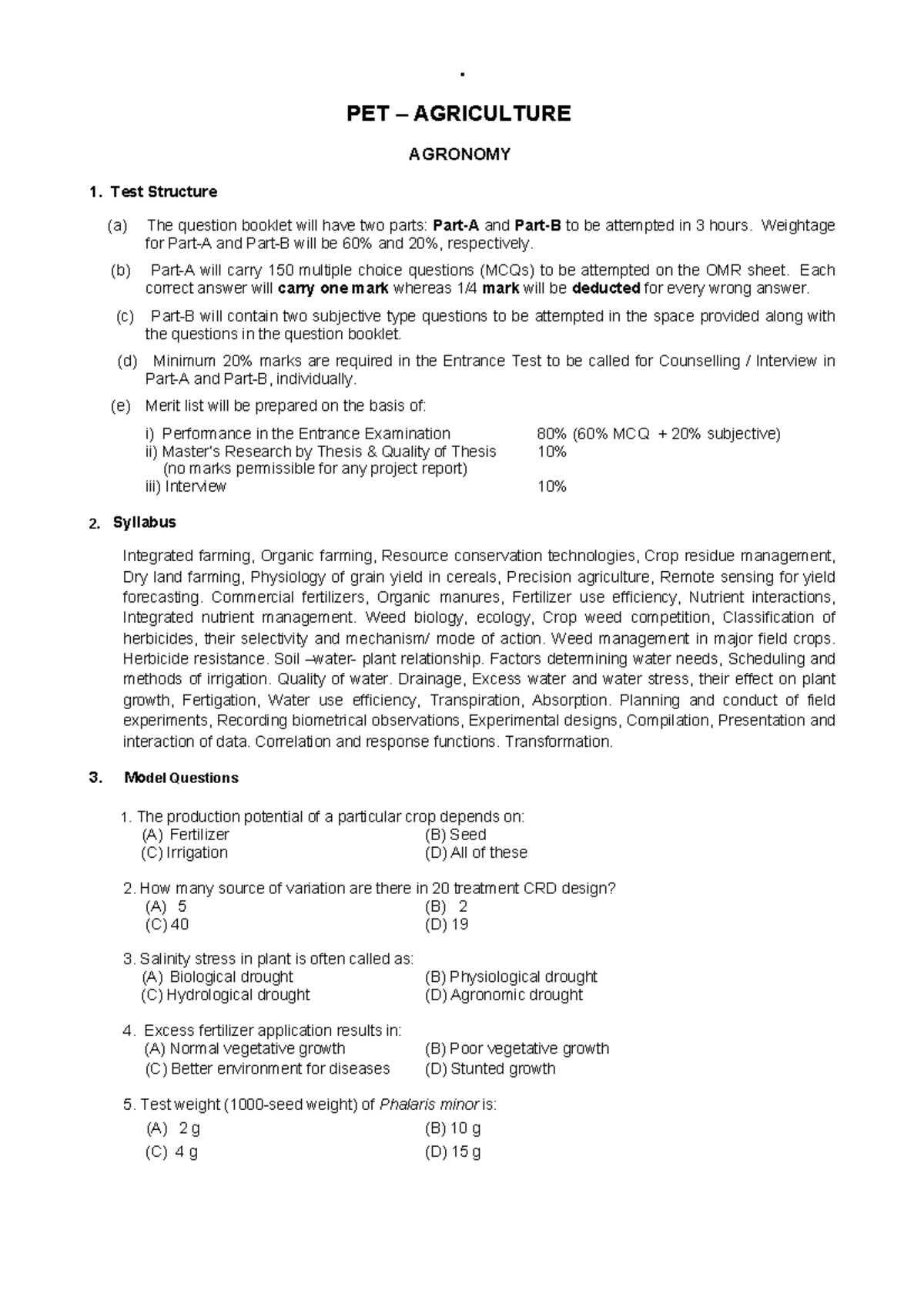 Syllabus - . PET – AGRICULTURE AGRONOMY 1. Test Structure (a) The ...