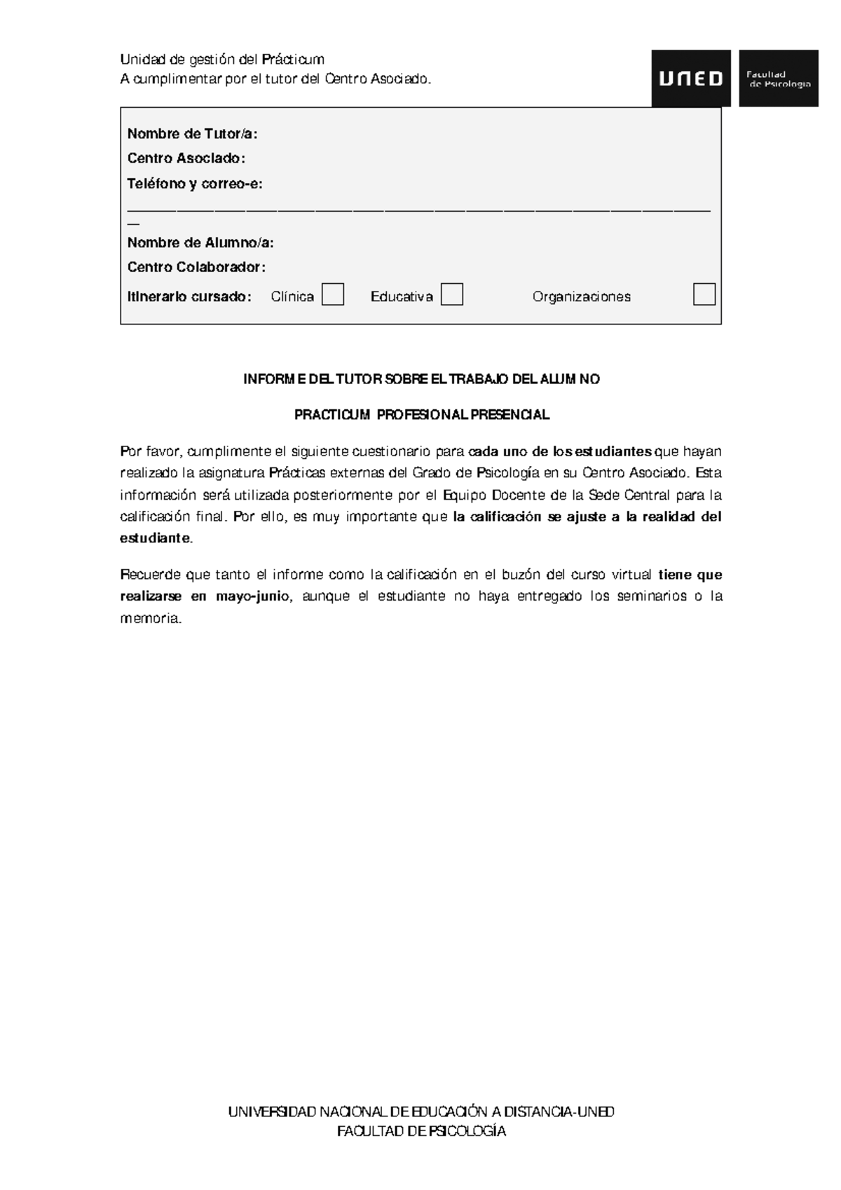 Informe Tutor CA 22 23 - practicas externas - A cumplimentar por el tutor del Centro Asociado ...