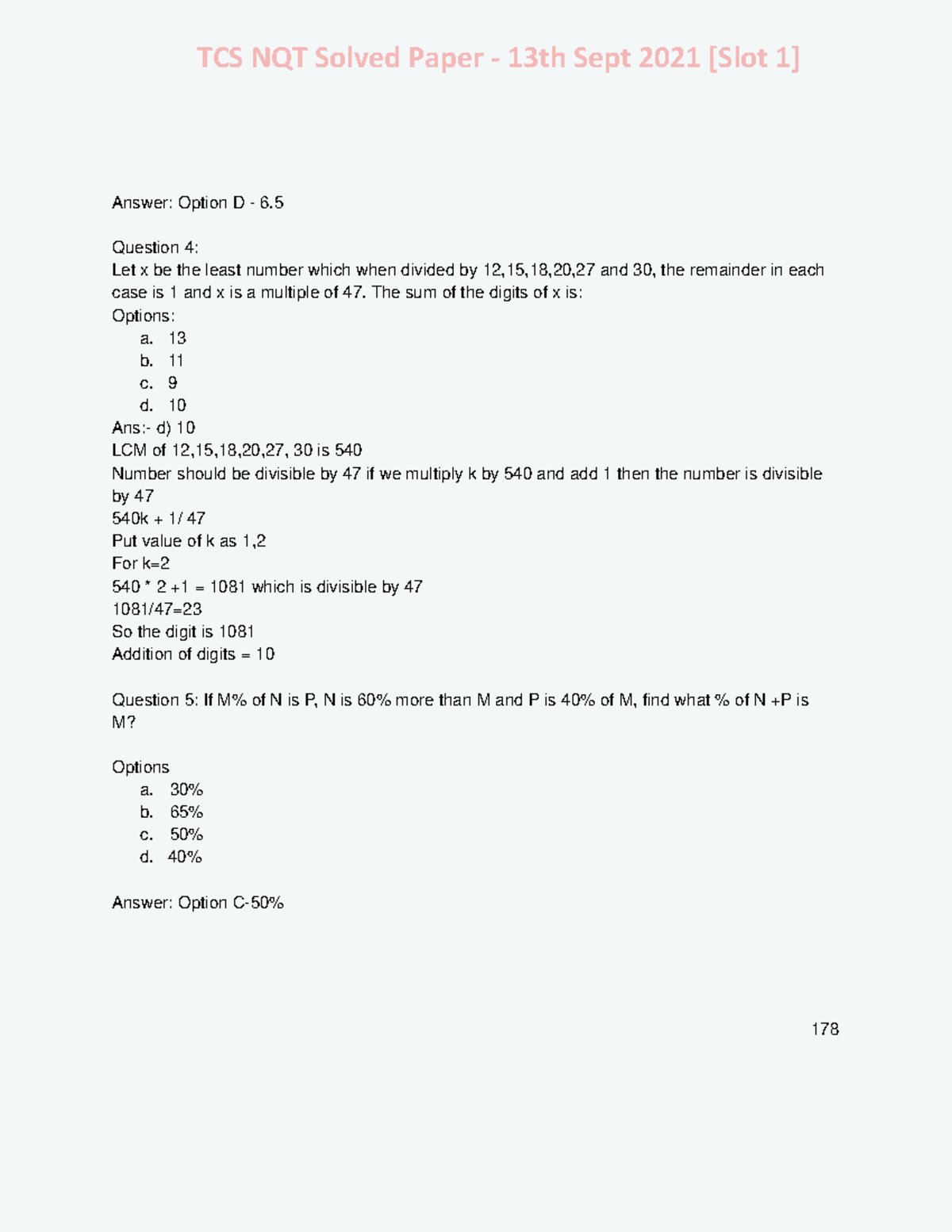 tcs nqt material - Answer: Option D - 6. 5 Question 4: Let x be the ...