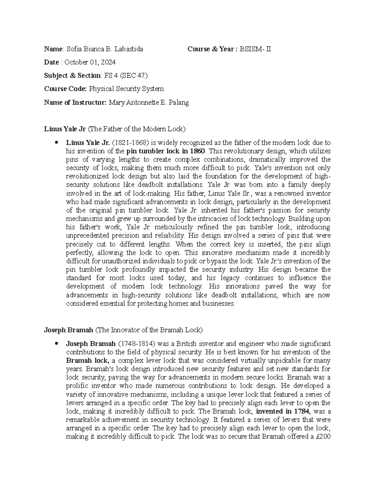 FS 4 Physical Security System Final Final 024617 - Name: Sofia Bianca B ...