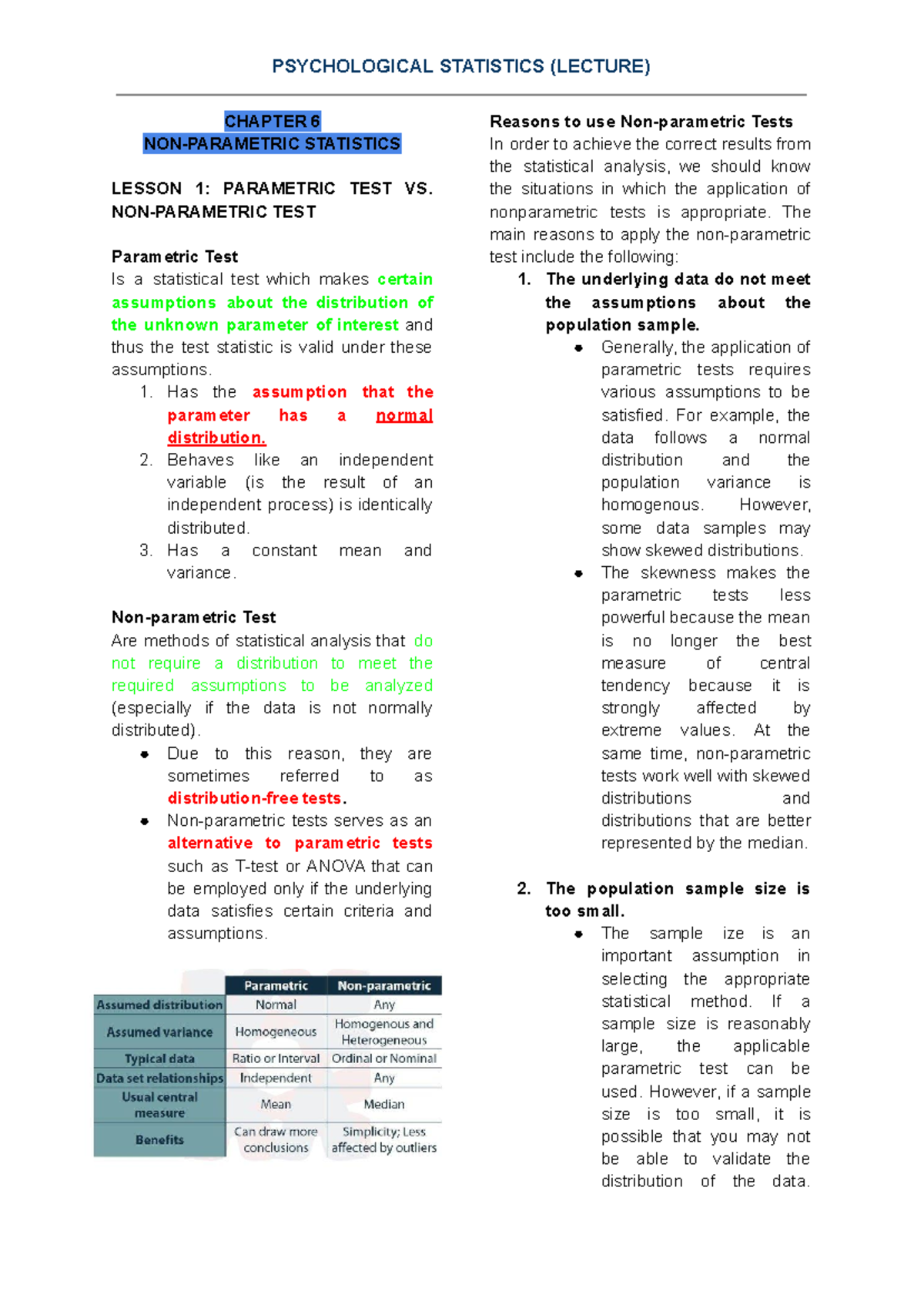 Psych Stats- NON- Parametric Statistics - PSYCHOLOGICAL STATISTICS (LECTURE) CHAPTER 6 - Studocu