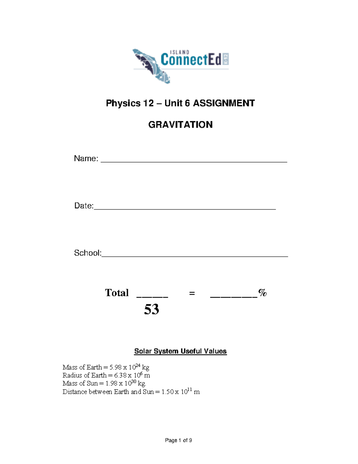 Unit 6 Assignment-1 - Gravitation, Physics 12, assignment - Physics 12 ...