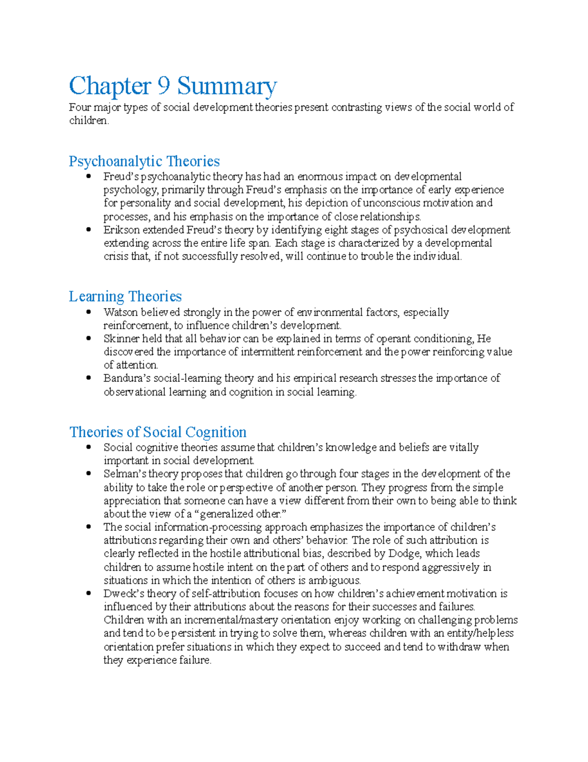 Chapter 9 Summary - How Children Develop - Chapter 9 Summary Four major types of social ...