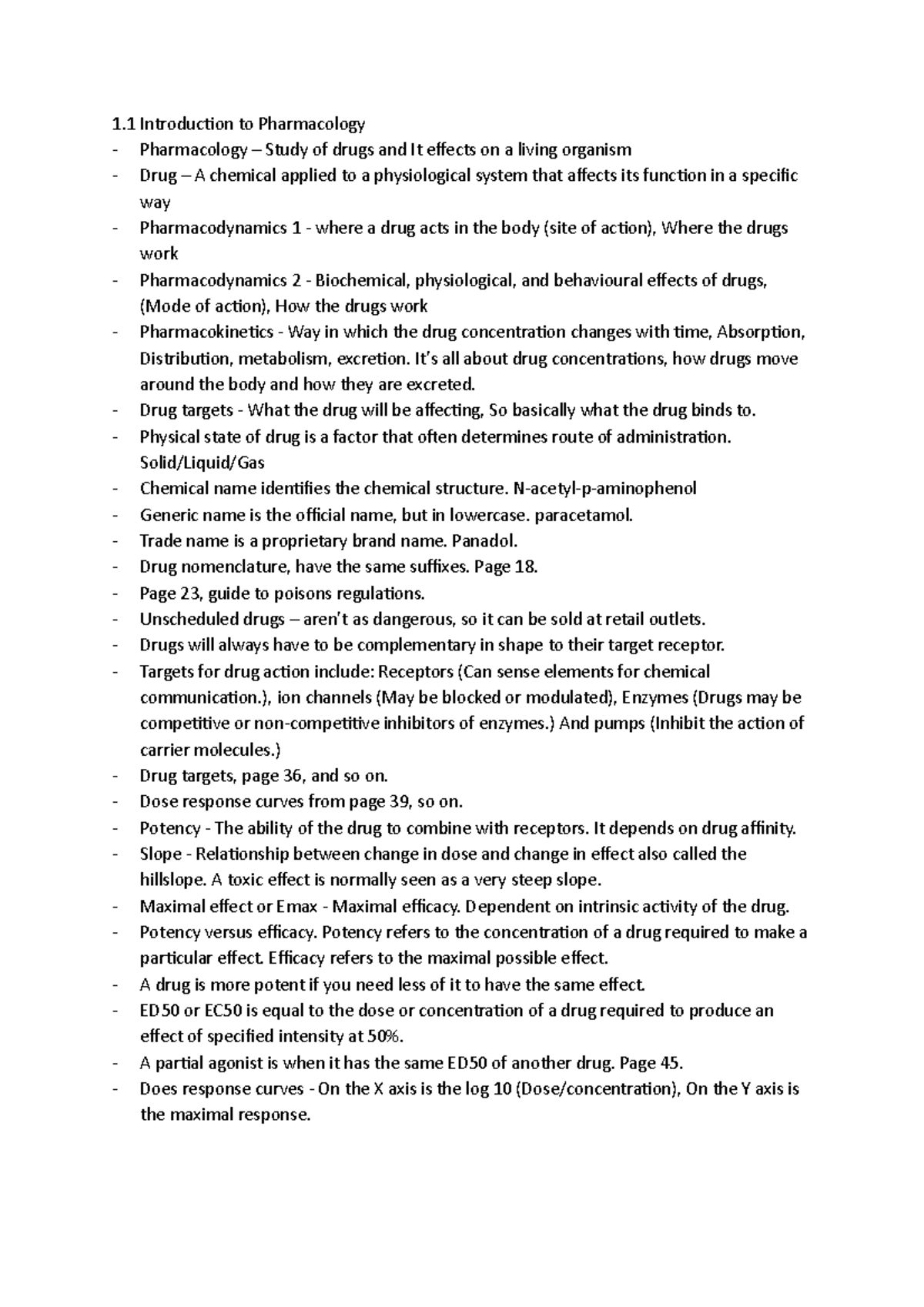 Modules 1 to 8 Dot Point Notes for Pharmacology 1 - 1 Introduction to ...
