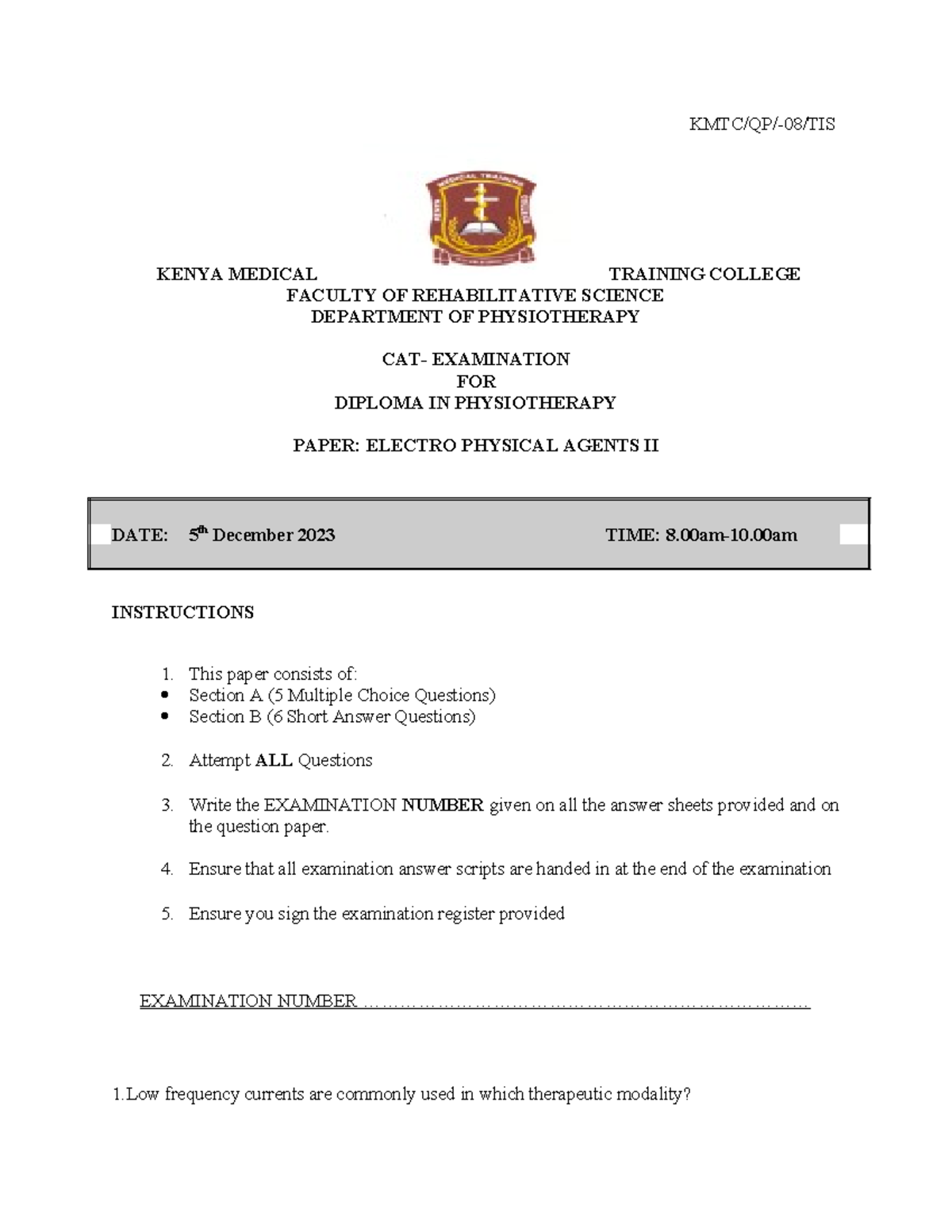 EPA II CAT marking scheme - KMTC/QP/-08/TIS KENYA MEDICAL TRAINING ...