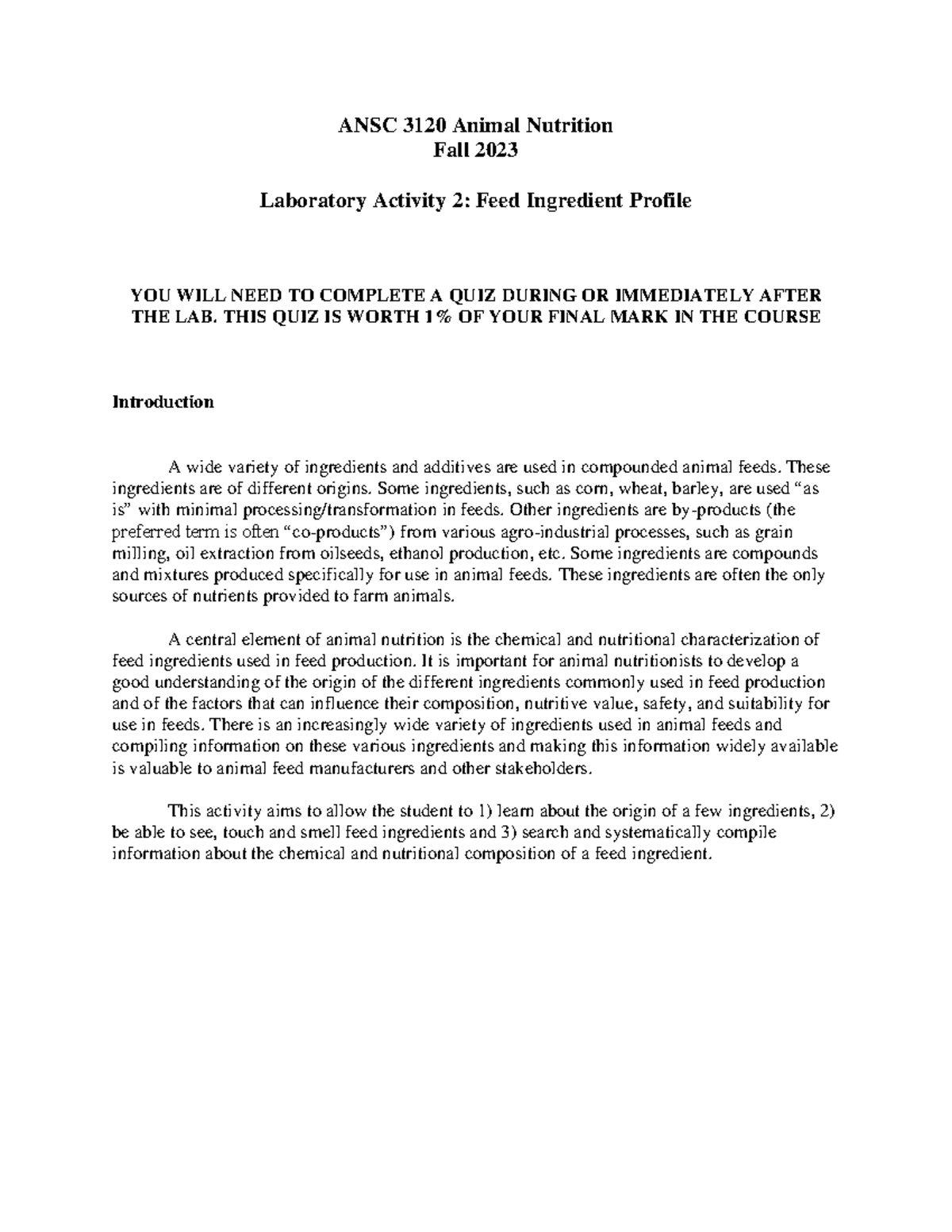 ANSC 3120 F23 Lab 2 Feed Ingredient Part 1 Week 1 - ANSC 3120 Animal Nutrition Fall 202 3 ...
