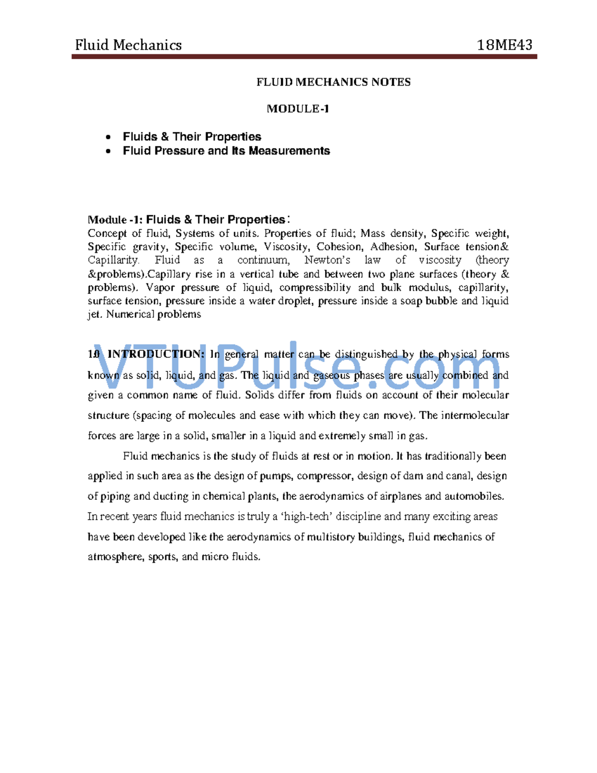 18ME43 FM Module 1 - notes on fluid mechanics introduction - VTUPulse ...