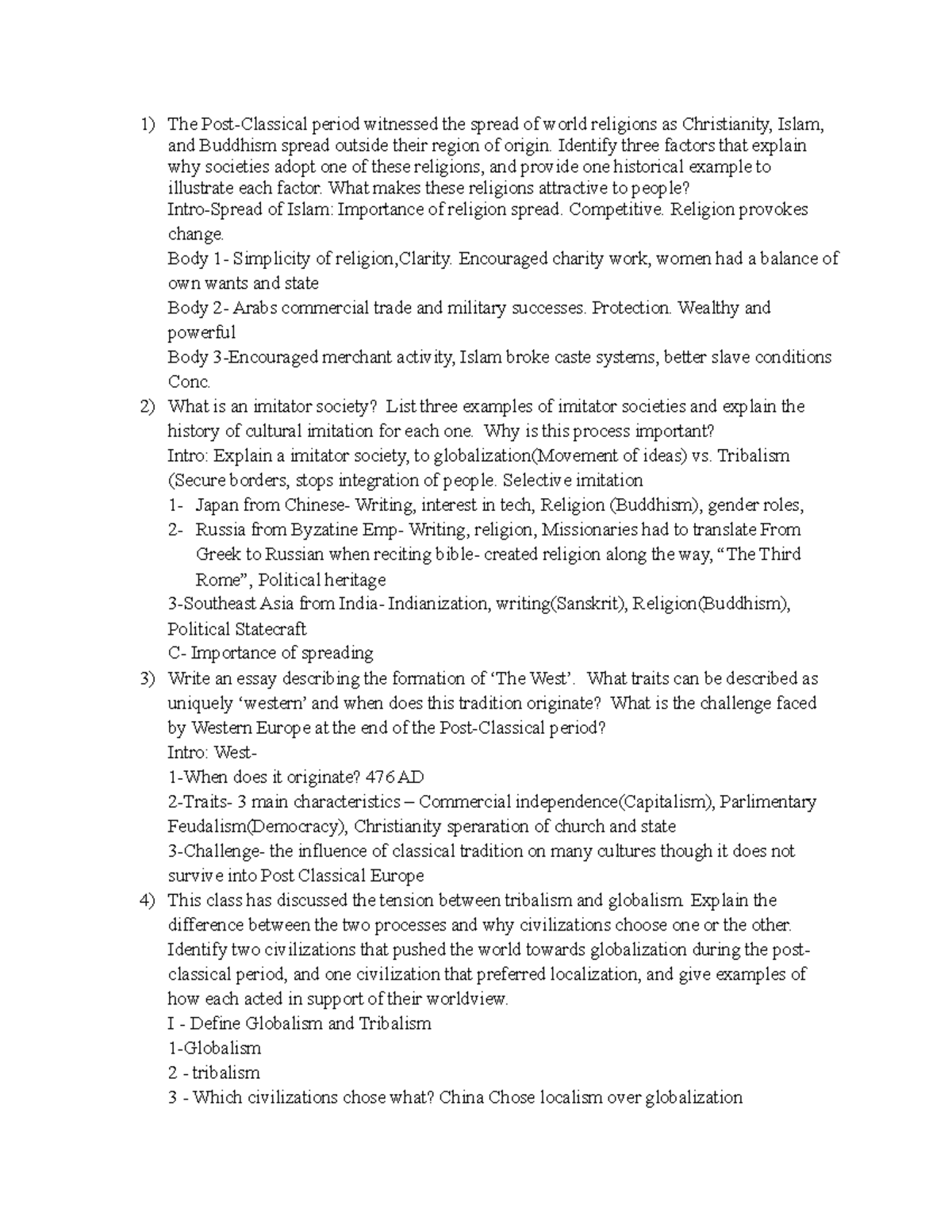 HIST2017 Fall Final Review - The Post-Classical period witnessed the ...