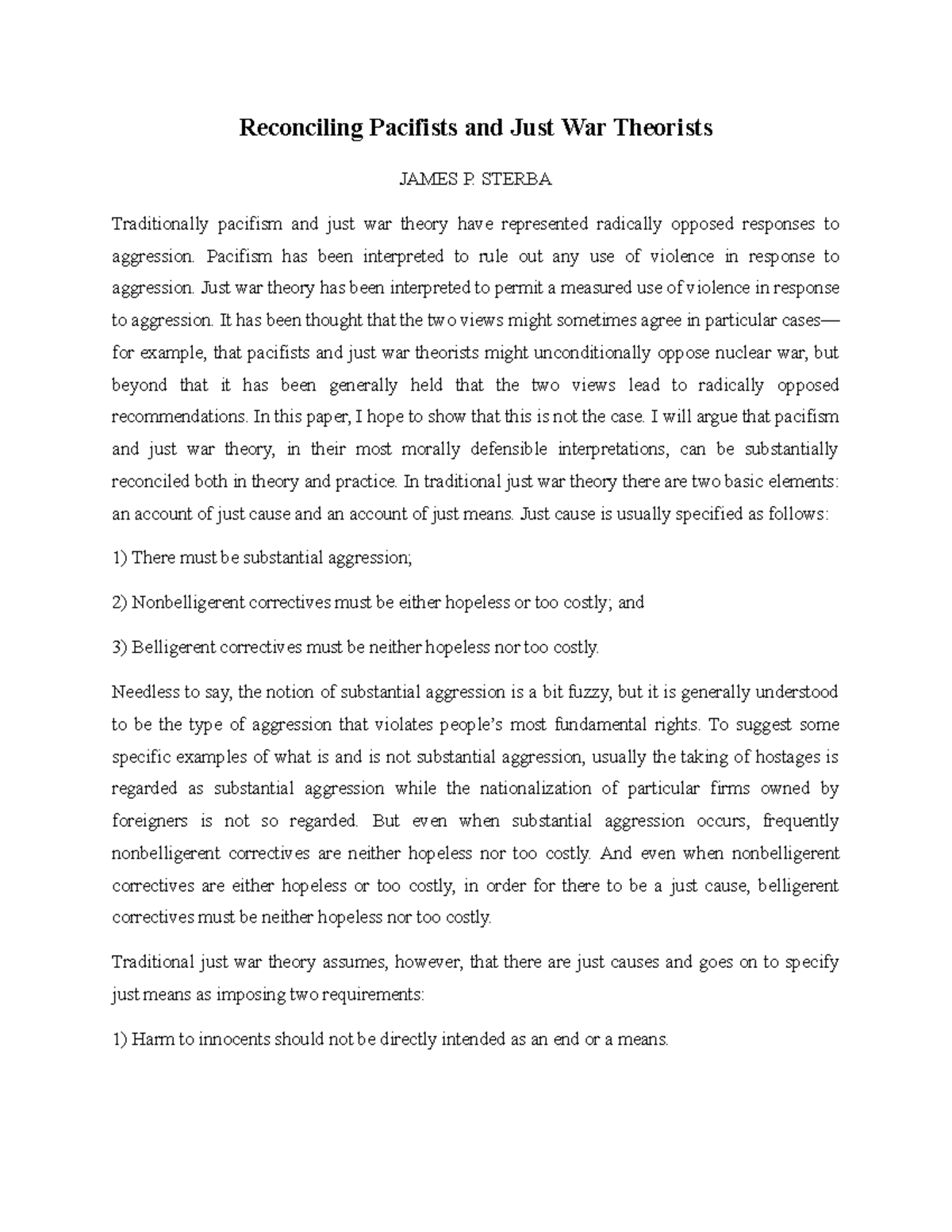 Reconciling Pacifists and Just War Theorists - STERBA Traditionally ...