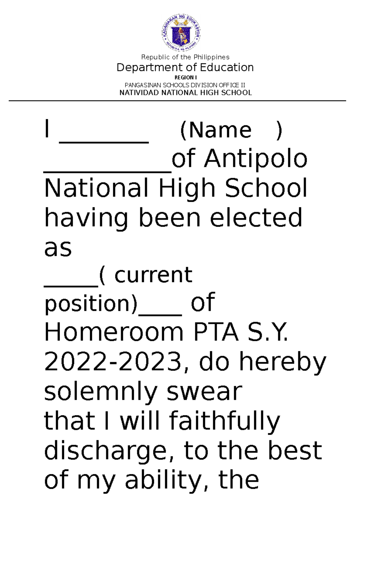 OATH OF Office PTA - fh,k - Department of Education REGION I PANGASINAN ...