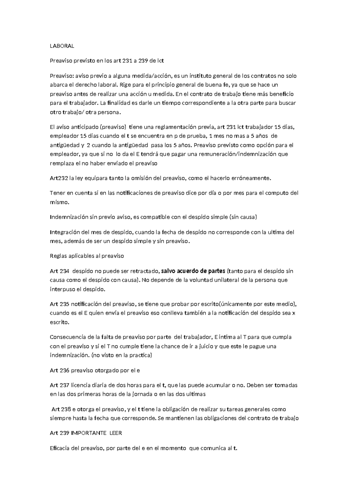 Laboral 29-05 - LABORAL Preaviso previsto en los art 231 a 239 de lct ...