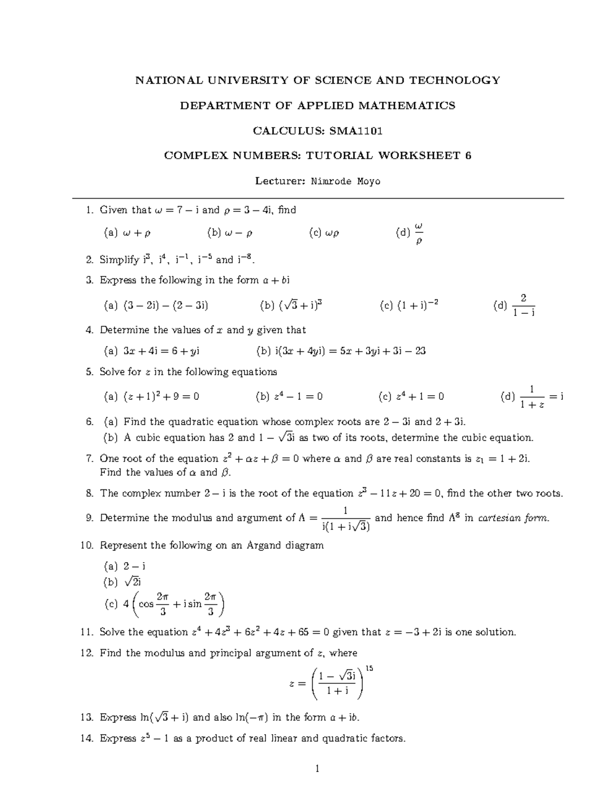 Calculus Complex Worksheet 092645 - NATIONAL UNIVERSITY OF SCIENCE AND ...