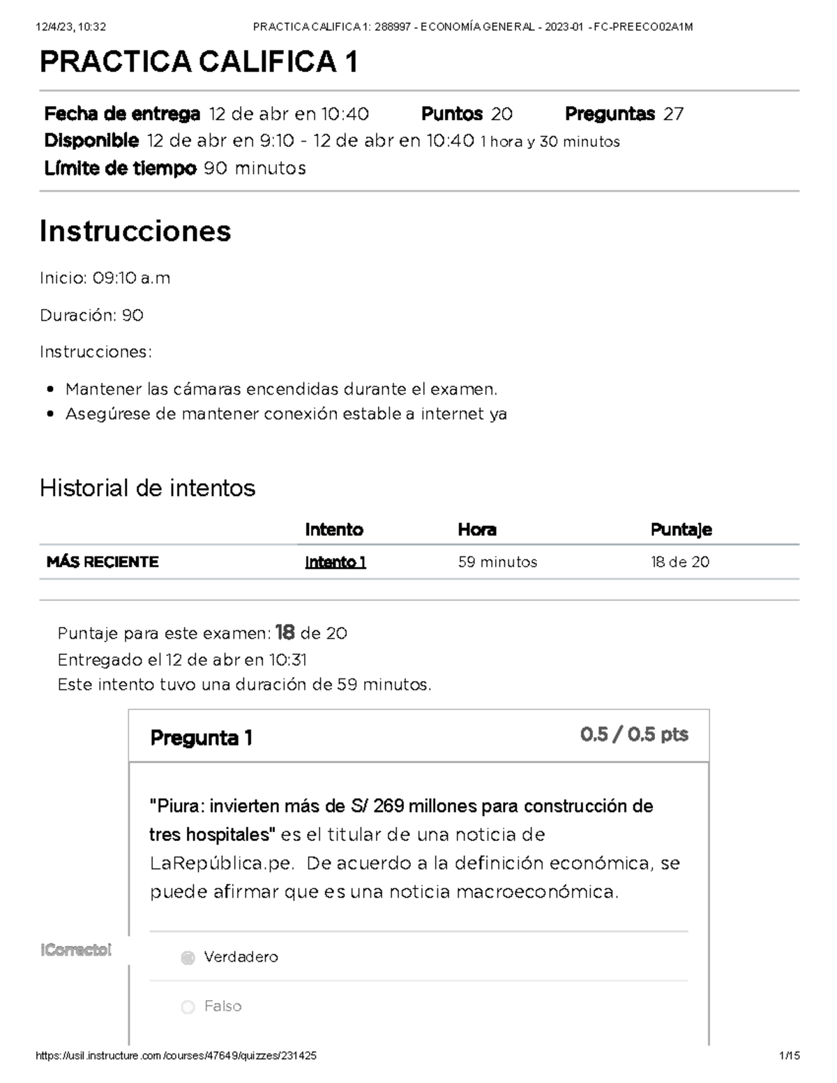 Practica Califica - Economía General - PRACTICA CALIFICA 1 Fecha de entrega 12 de abr en 10:40 ...