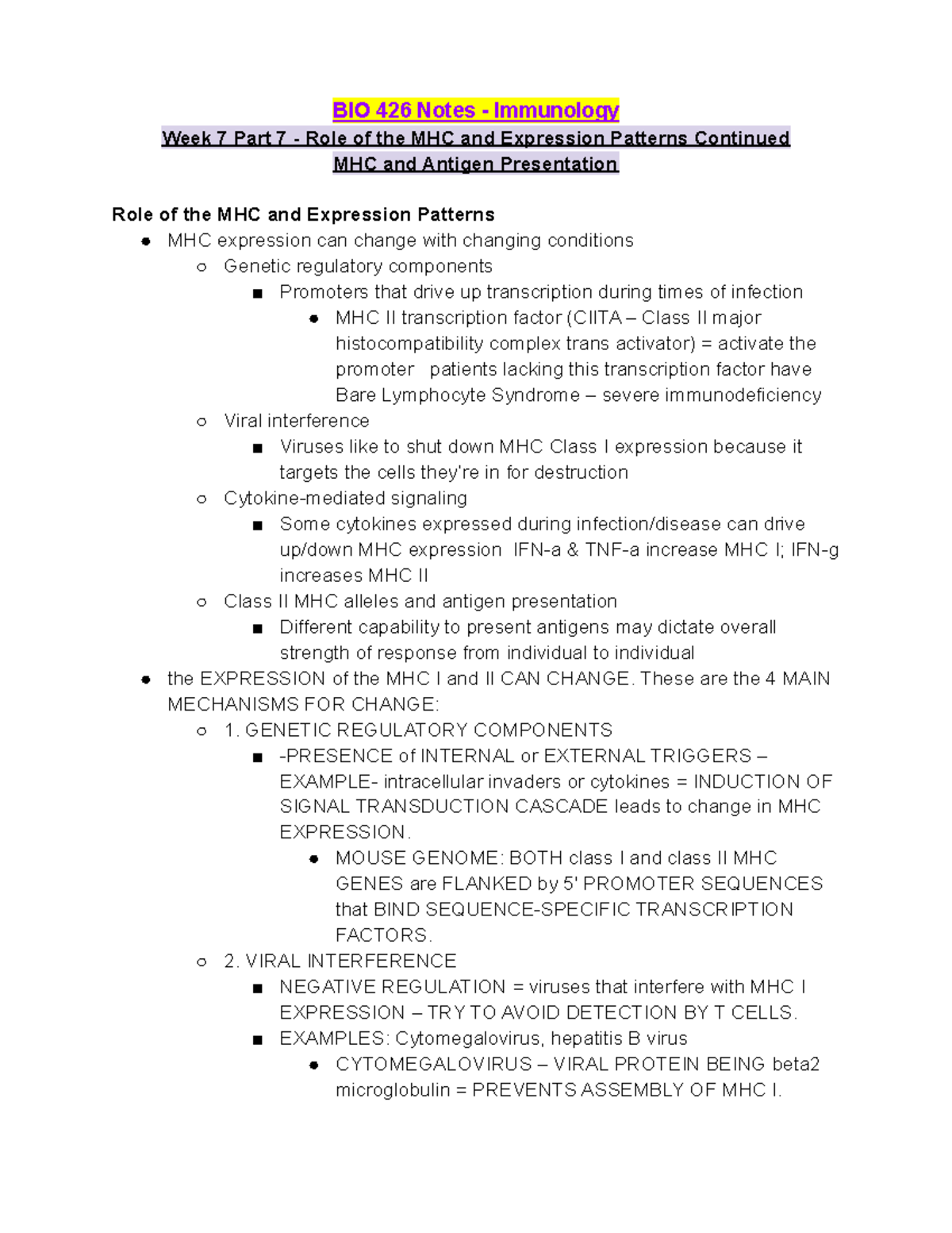 Bio 426 Week 7 Lecture Notes Part 7 Role Of The Mhc And Expression
