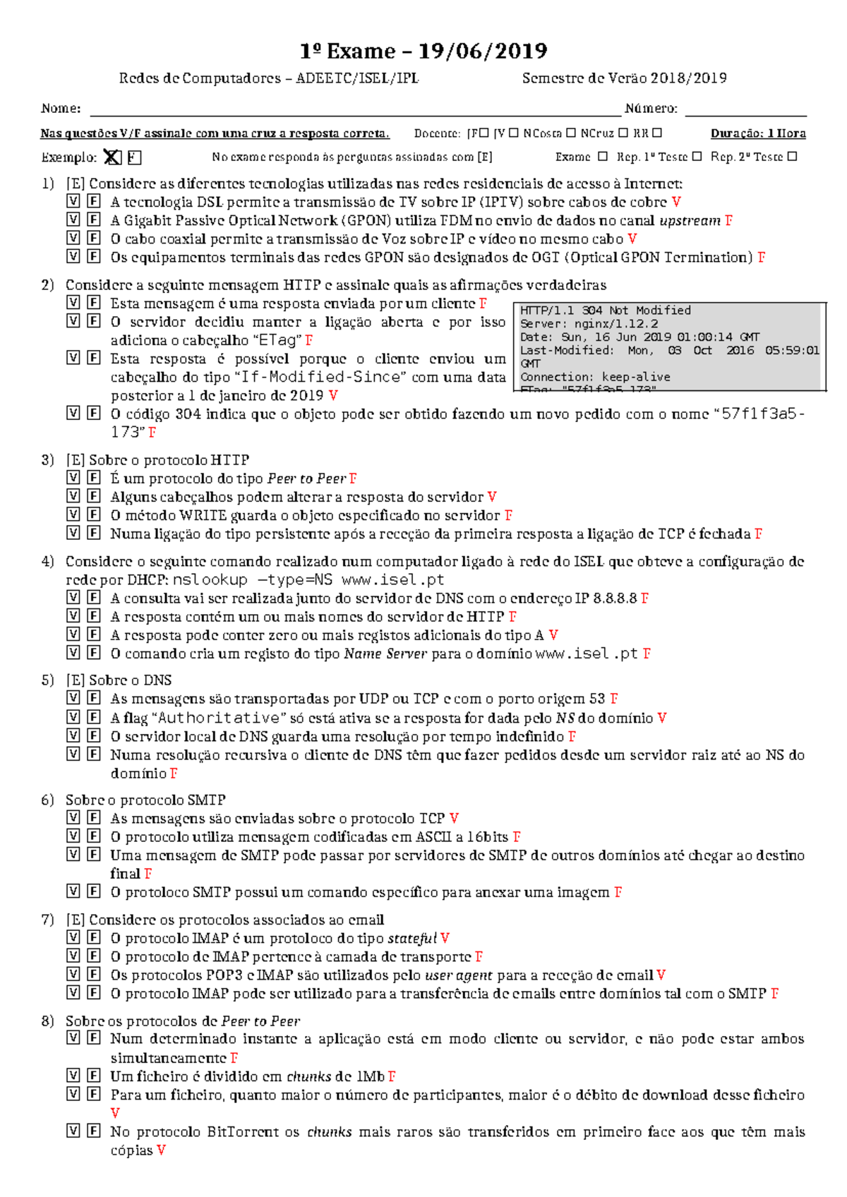 RCp 1Exame 19 06 2019 - 1º Exame – 19/06/ Redes de Computadores – ADEETC/ISEL/IPL Semestre de ...