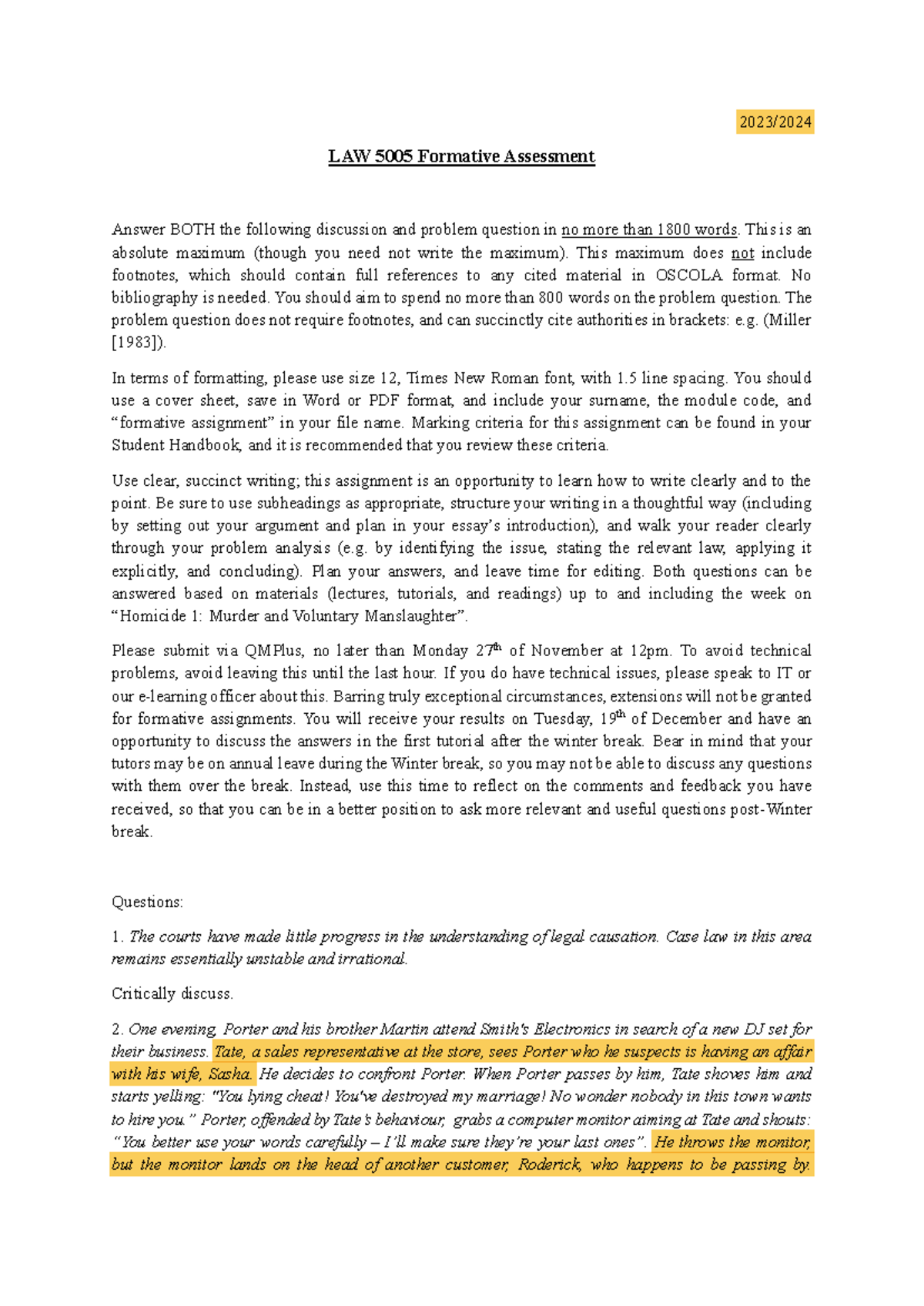 Criminal Law formative assessment - 2023 /202 4 LAW 5005 Formative ...