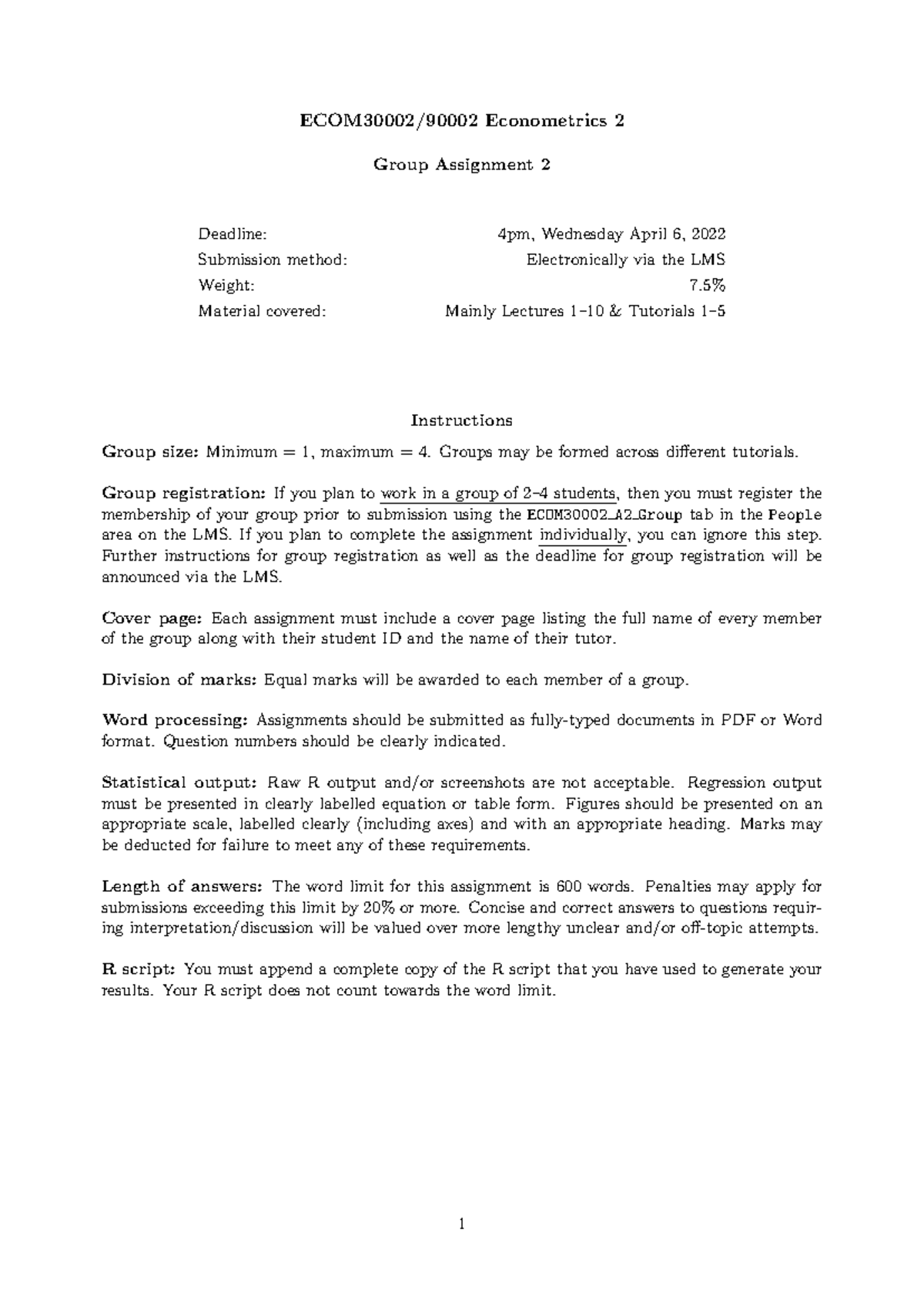 Econometrics 2 Assignment 2 - ECOM30002/90002 Econometrics 2 Group ...