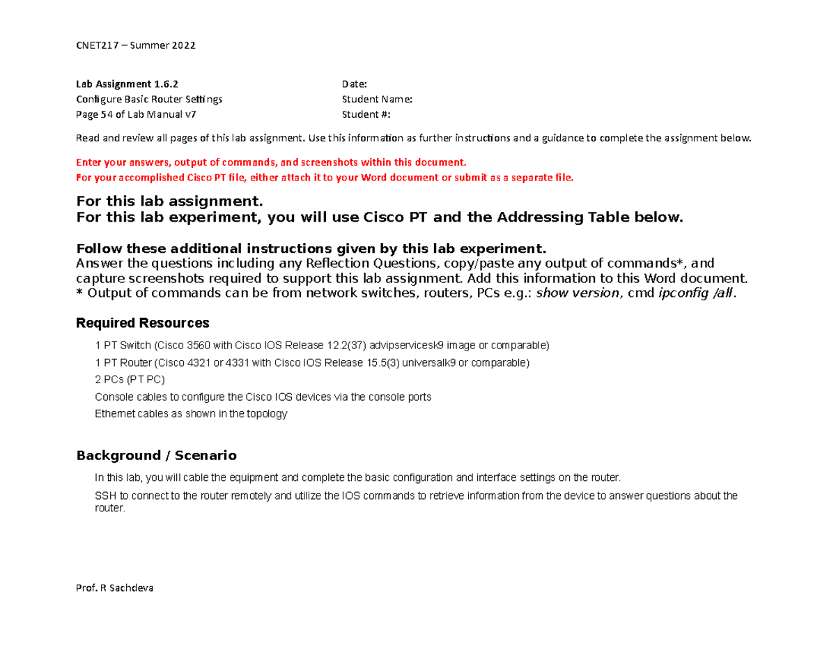 Lab Assignment 1 - 6 Configure Basic Router Settings Page 54 of Lab Manual v7 Date: Student Name ...