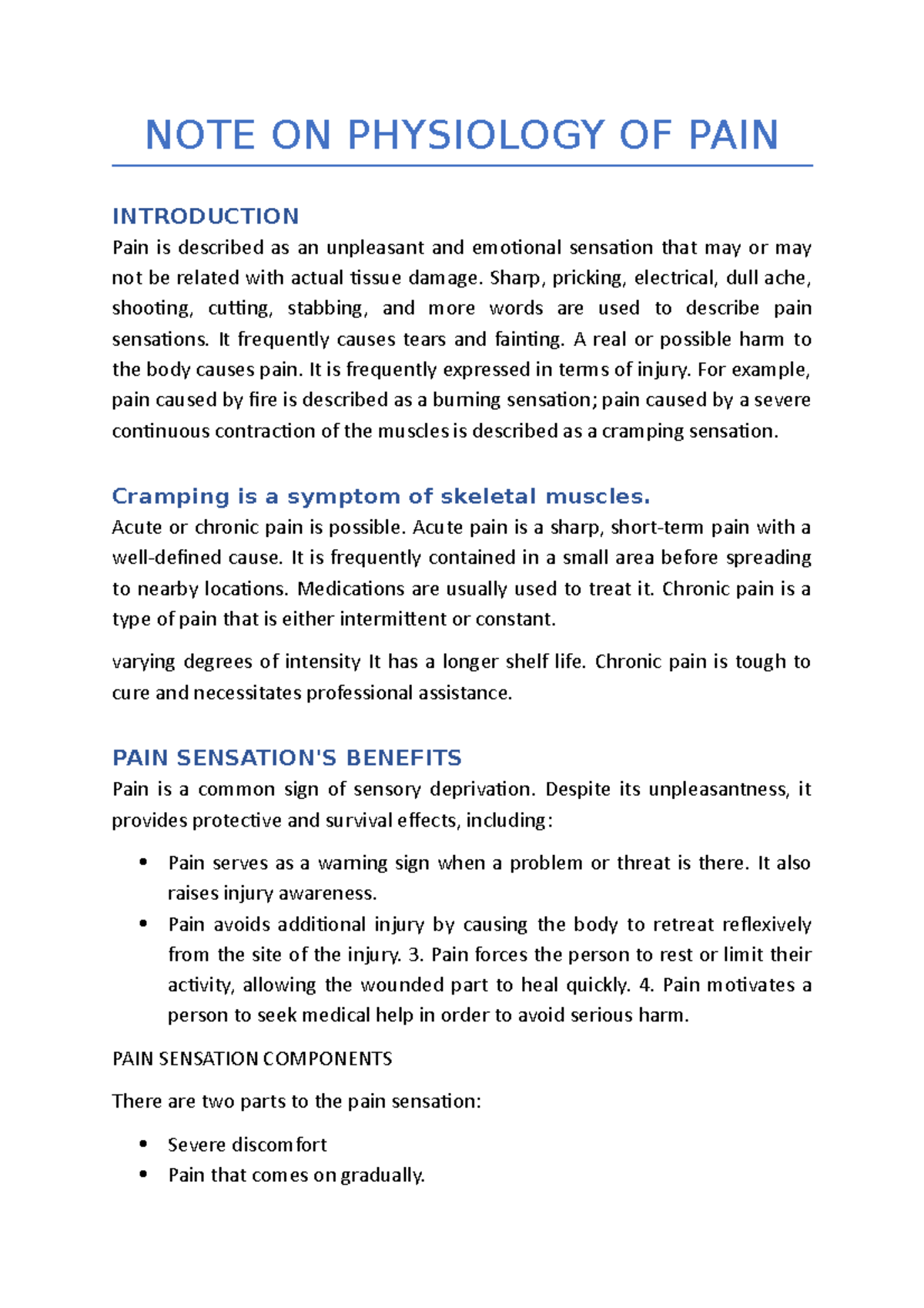 Note on physiology of pain - NOTE ON PHYSIOLOGY OF PAIN INTRODUCTION ...