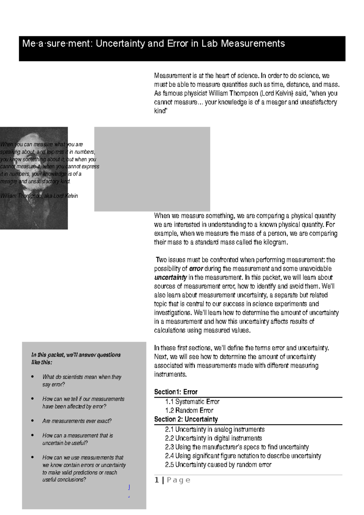 Uncertainty and Error Analysis - Uncertainty and Error in Lab ...