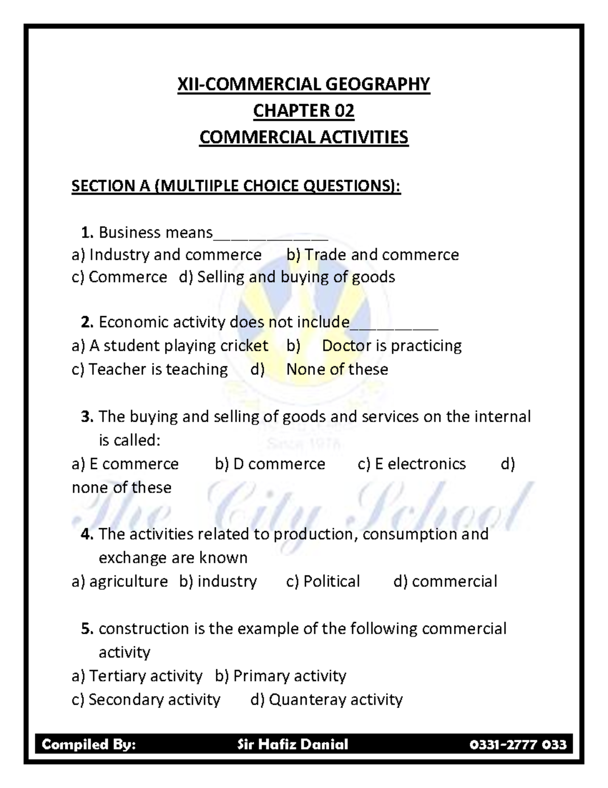 Commercial Activity MCQs - XII-COMMERCIAL GEOGRAPHY CHAPTER 02 ...